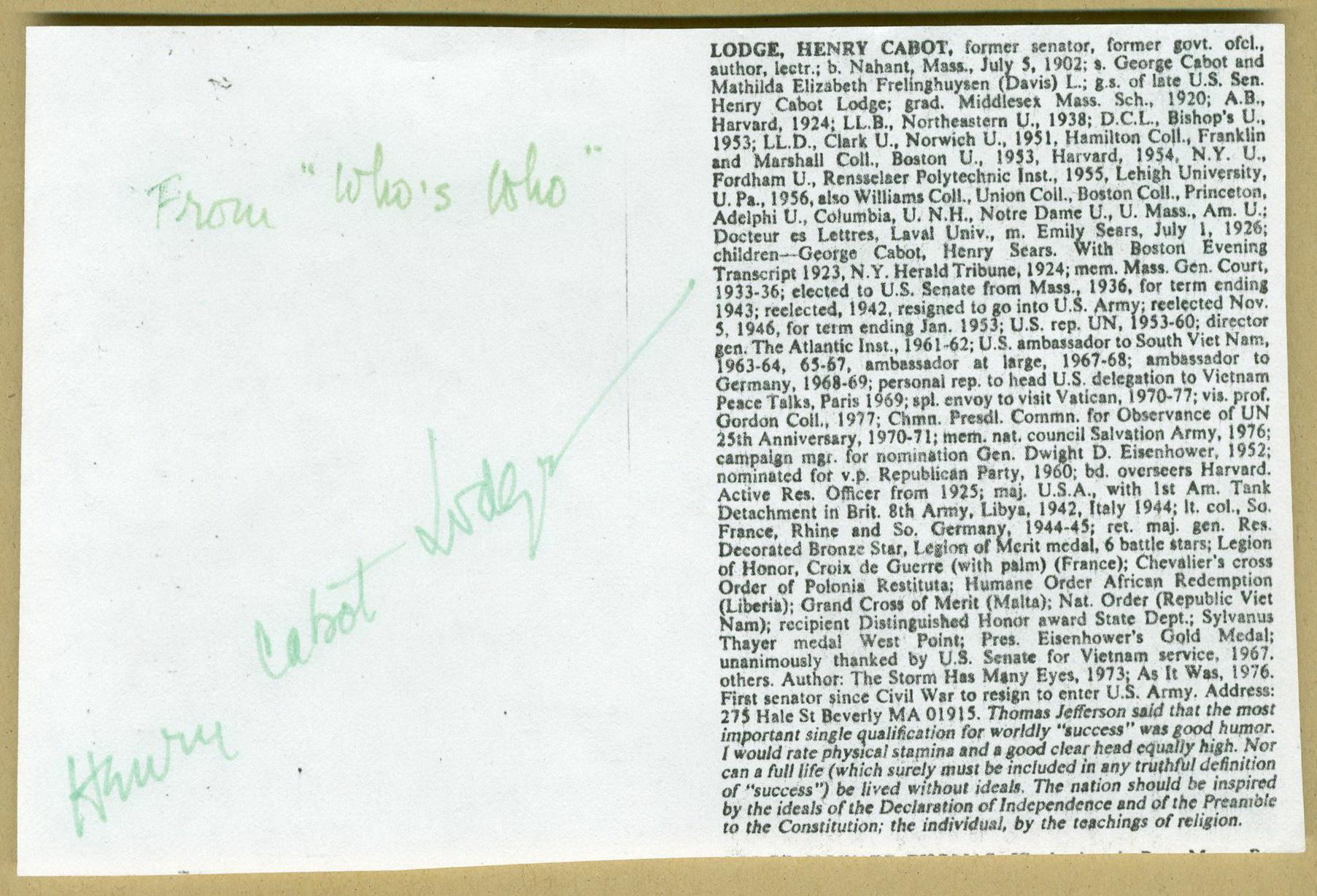 Henry Cabot Lodge Jr. (1902-1985) - Signed letter & signed biography by ...