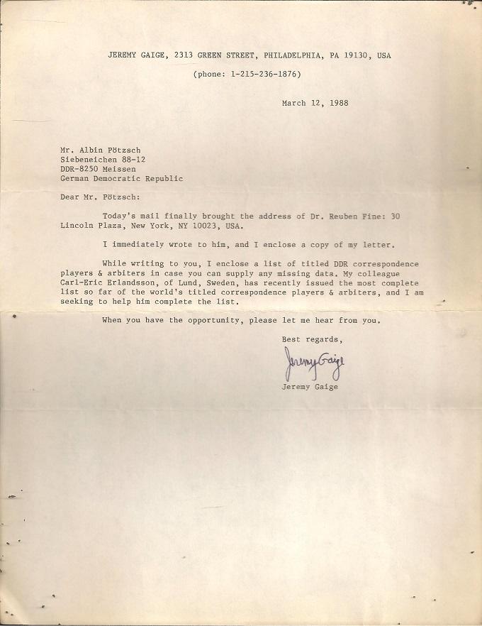 German Chess Personalia (revised June 26, 1986 Proof and signed letter ...