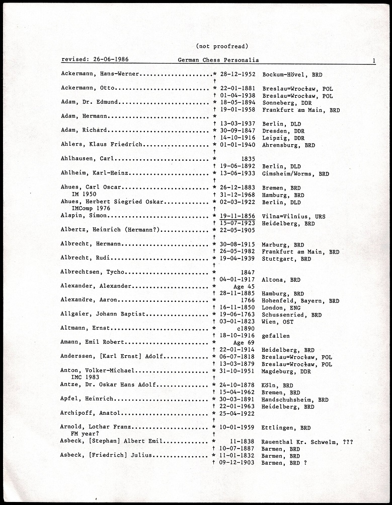 German Chess Personalia (revised June 26, 1986 Proof and signed letter ...
