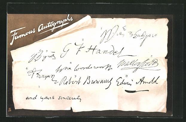 Ansichtskarte famous autographs, William Shakespeare, Sir Walter Scott ...