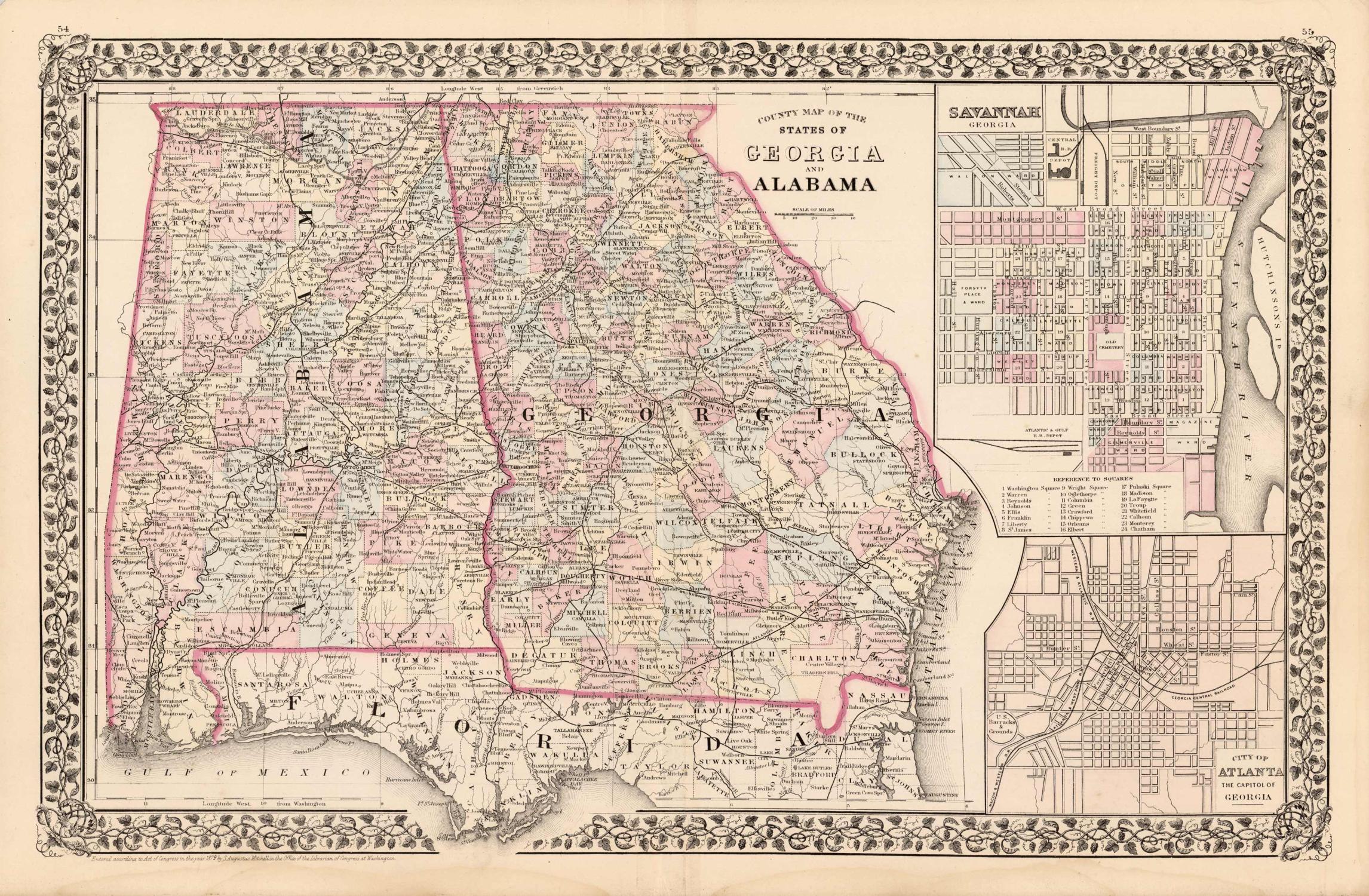 County Map of the States of Georgia and Alabama by S. Augustus Mitchell ...
