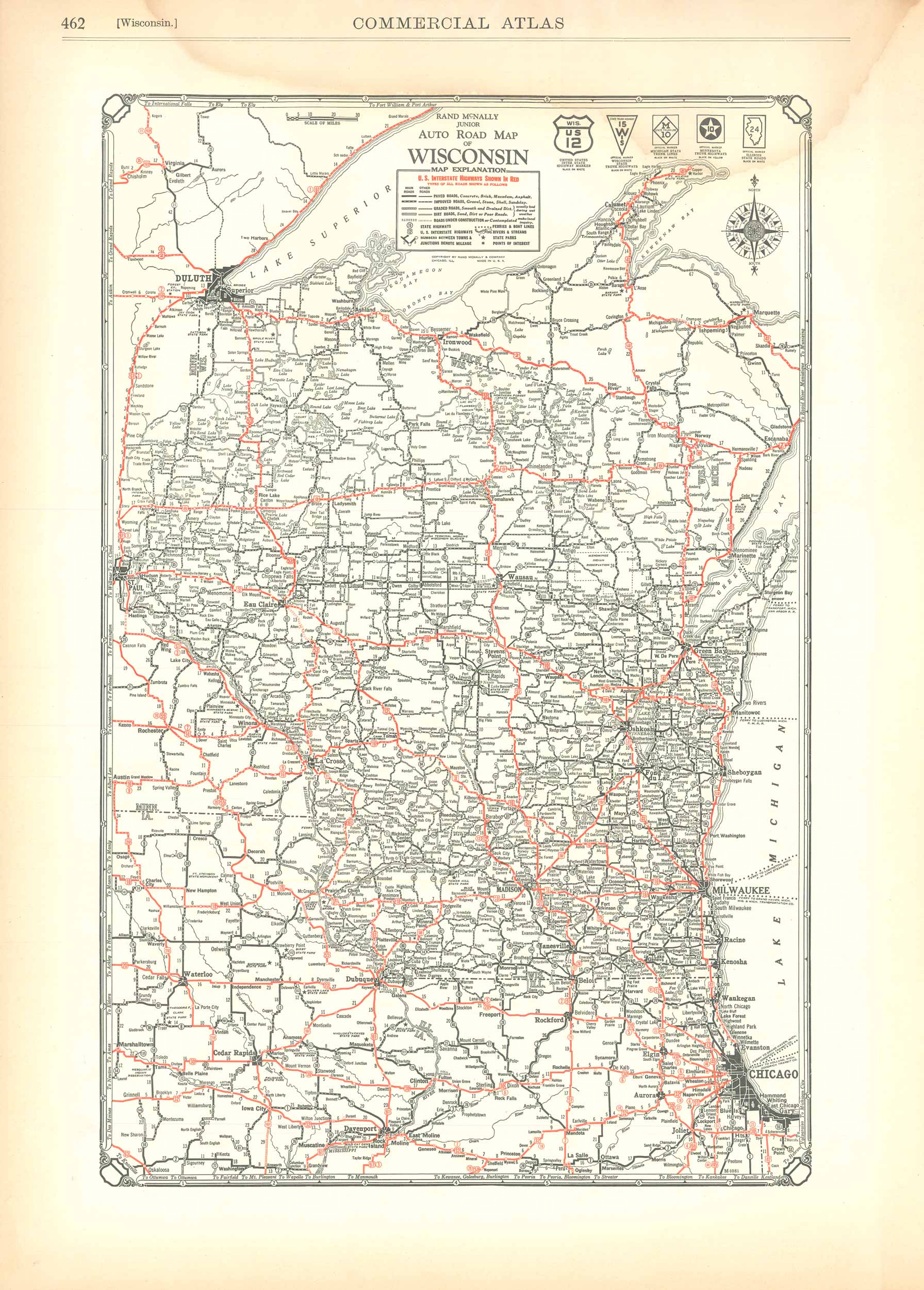 Rand McNally Junior Auto Road Map of Wisconsin by Rand McNally: (1932 ...