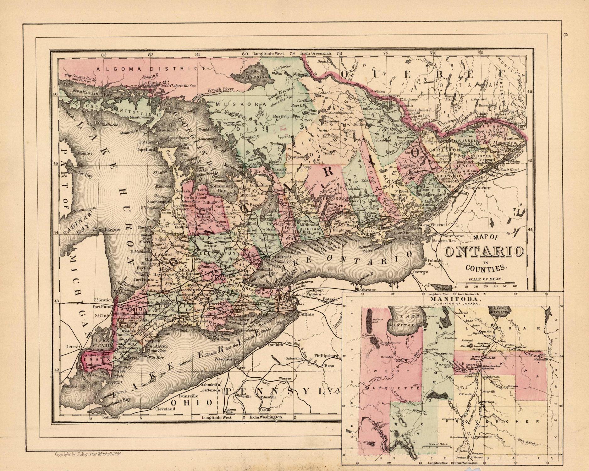 Map of Ontario in Counties by S. Augustus Mitchell: (1885) | Art Source ...
