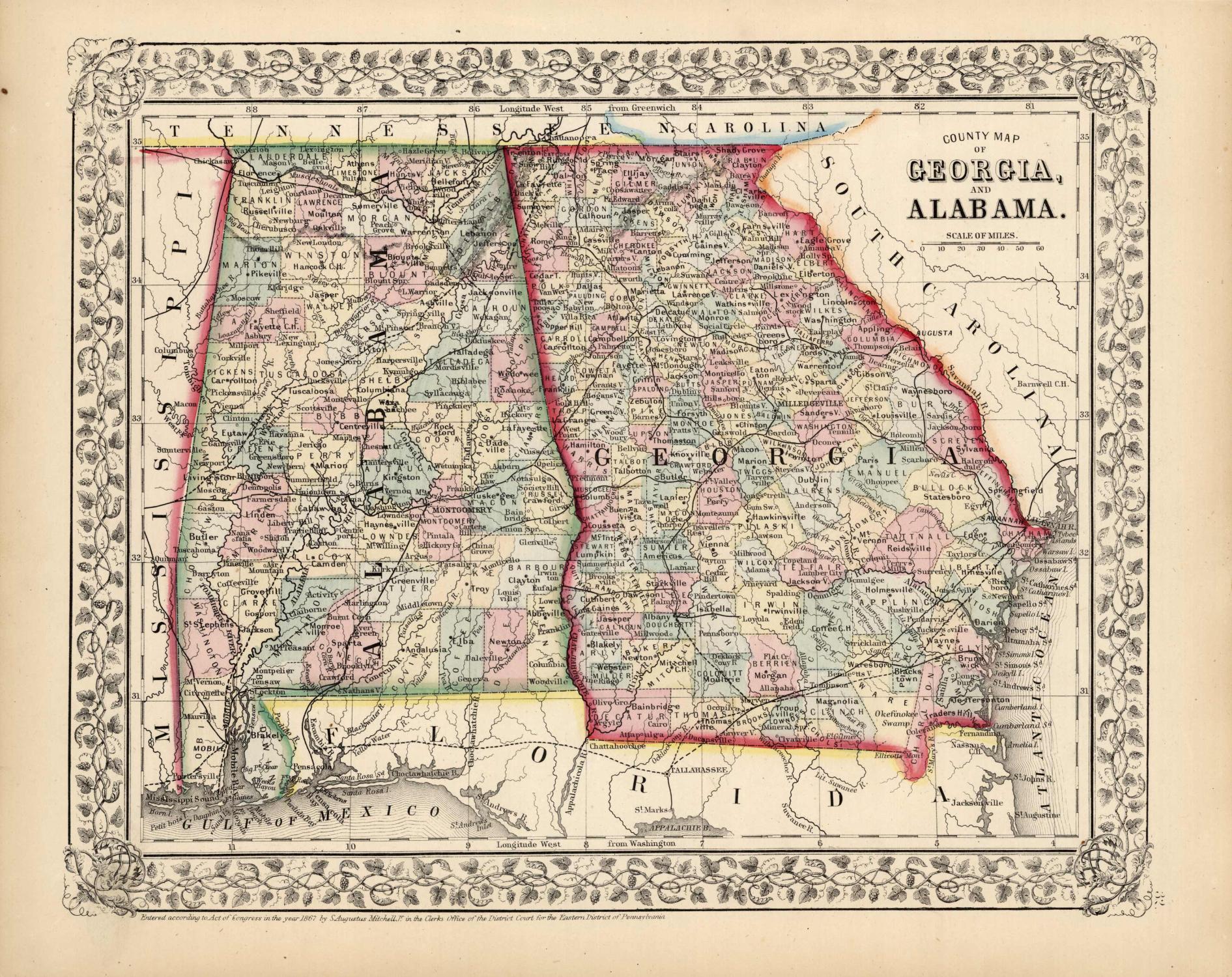 County Map of Georgia and Alabama by S. Augustus Mitchell: (1867) | Art ...