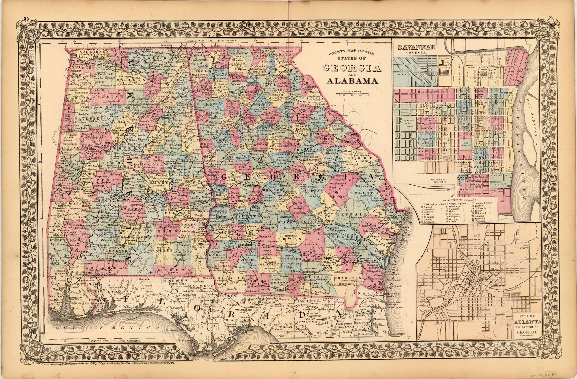 County Map of the States of Georgia and Alabama by S. Augustus Mitchell ...
