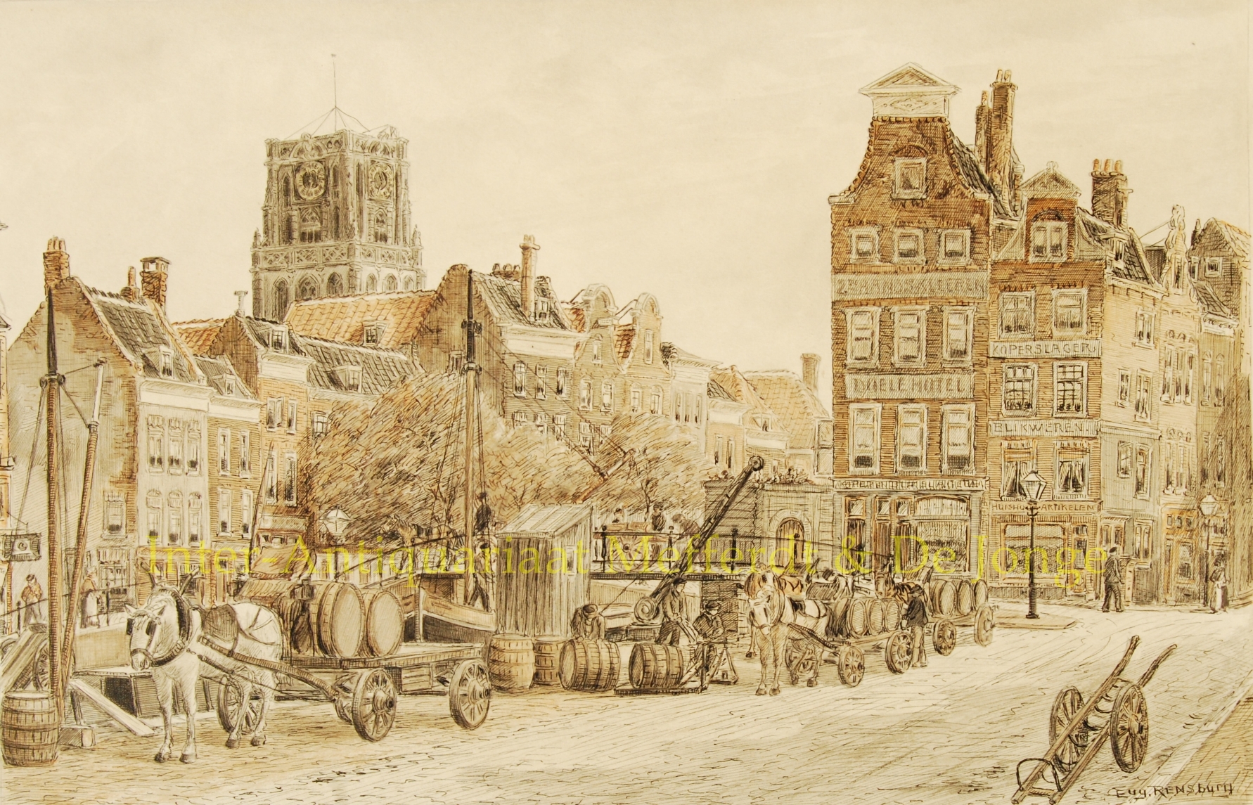 DE RAAMBRUG IN ROTTERDAM VOOR DE OORLOG Tekening met Oost-Indische inkt ...