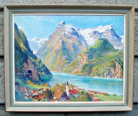 Sisikon am Vierwaldstättersee mit Blick auf Uri Rotstock. Öl auf Lwd ...