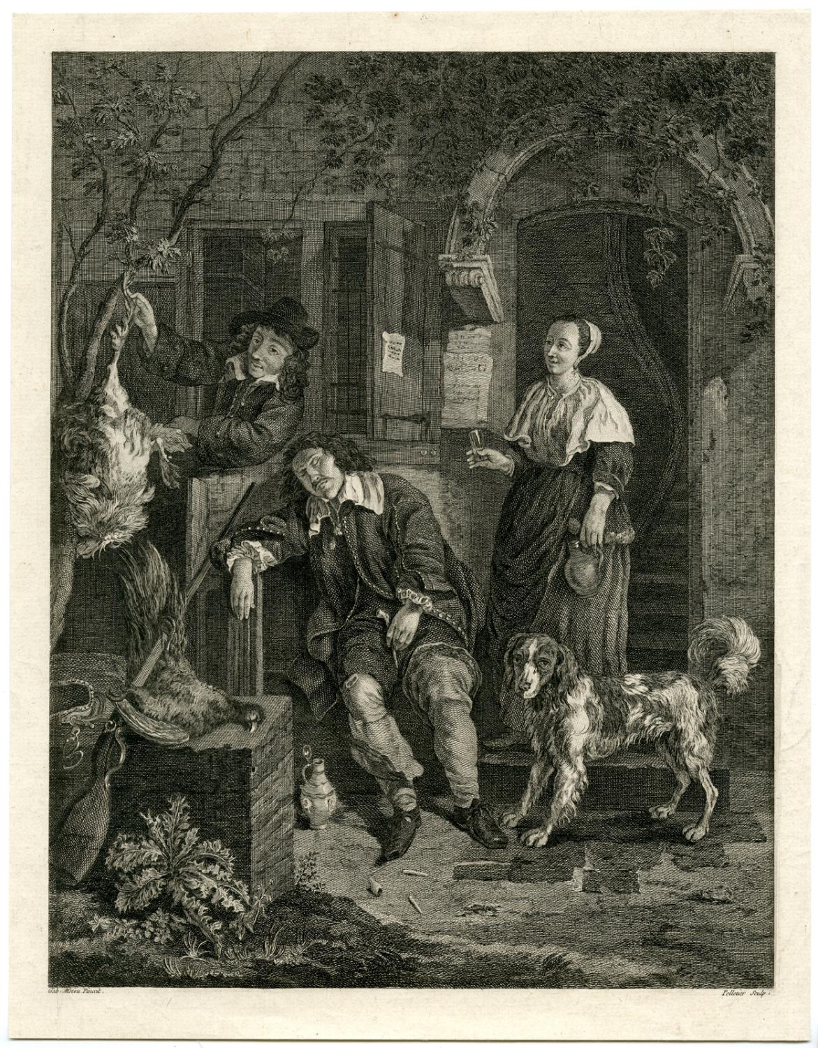 TAVERN-SLEEPING HUNTER-DOG-GUN-FOWL Jean PELLETIER after METZU, c. 1760 ...