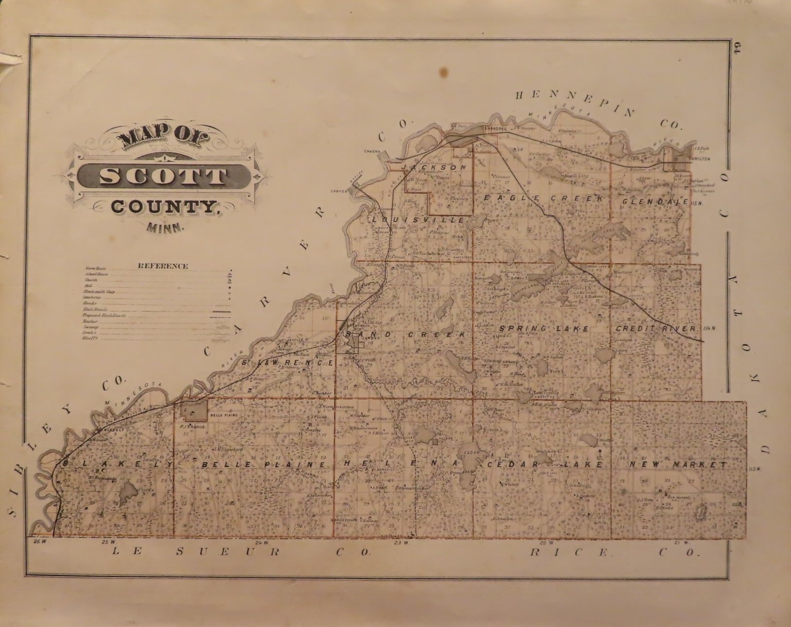 Map of Scott County; Map of Shakopee de A.T. Andreas: Very Good (1874 ...