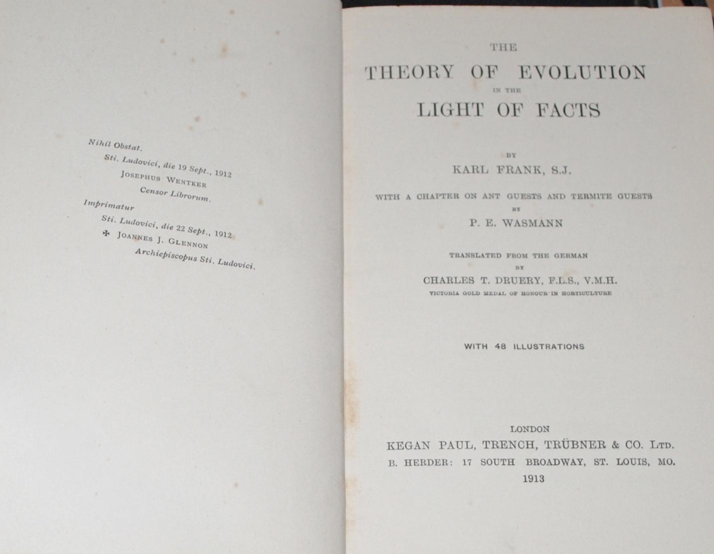 THE THEORY OF EVOLUTION IN THE LIGHT OF FACTS by KARL FRANK: Very Good ...
