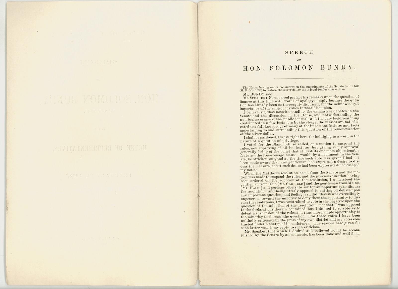 Remonetization of Silver, Speech of Hon. Solomon Bundy, of New York, in ...