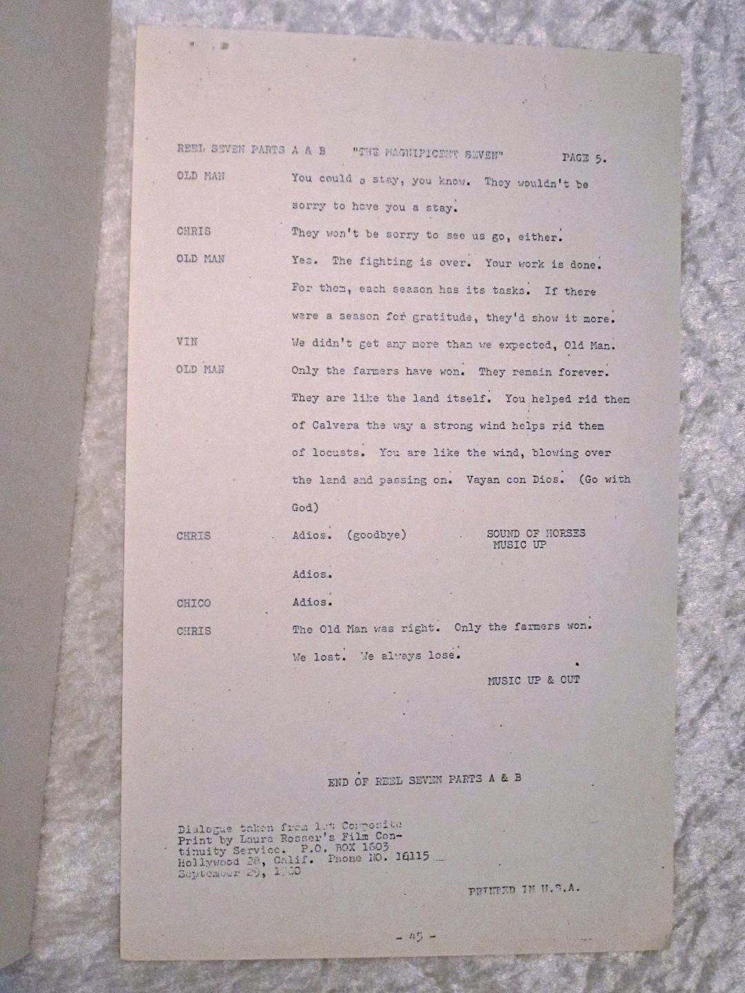 THE MAGNIFICENT SEVEN Original 1960 DIALOGUE CONTINUITY SCREENPLAY ...
