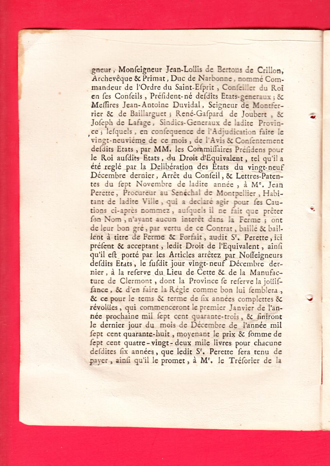BAIL DE LA FERME GENERALE DE L'EQUIVALENT DE LA PROVINCE DE LANGUEDOC ...