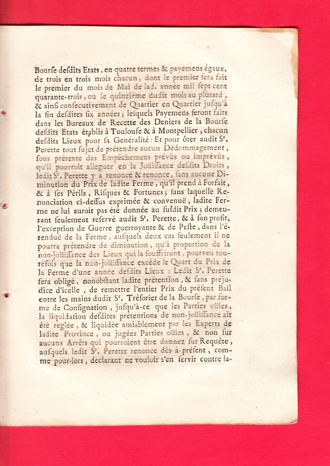 BAIL DE LA FERME GENERALE DE L'EQUIVALENT DE LA PROVINCE DE LANGUEDOC ...