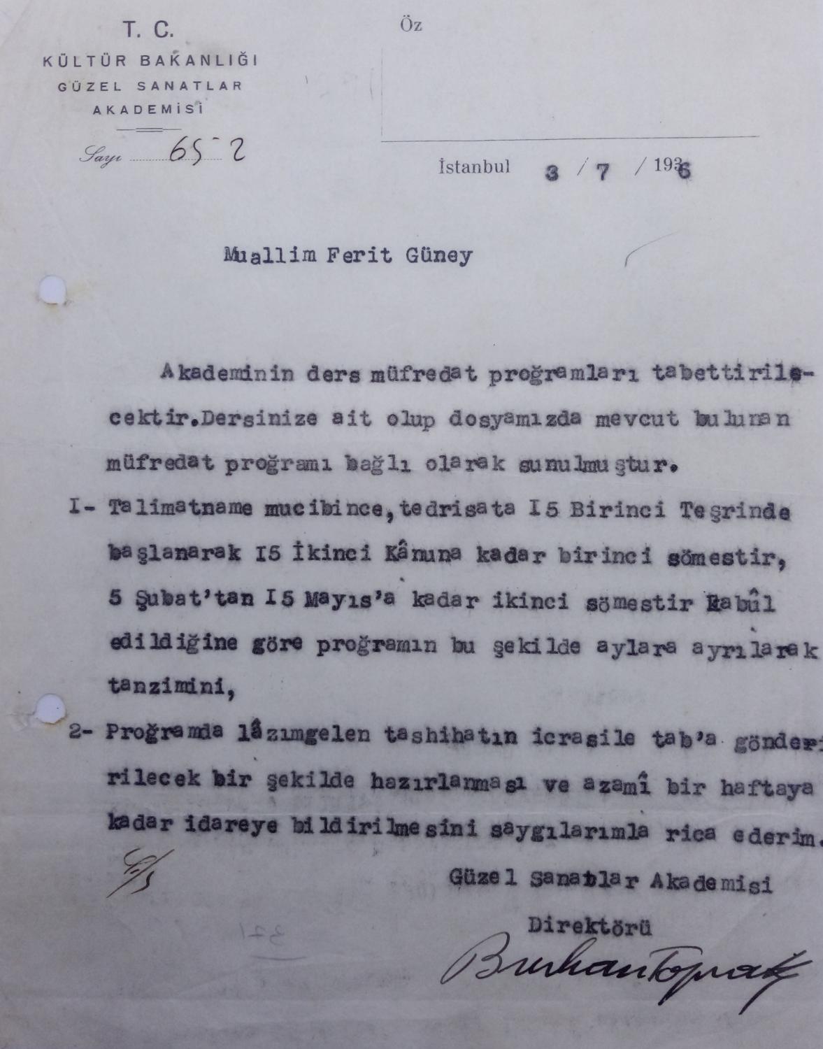 Typescript letter signed 'Burhan Toprak'. by BURHAN TOPRAK, (Director ...