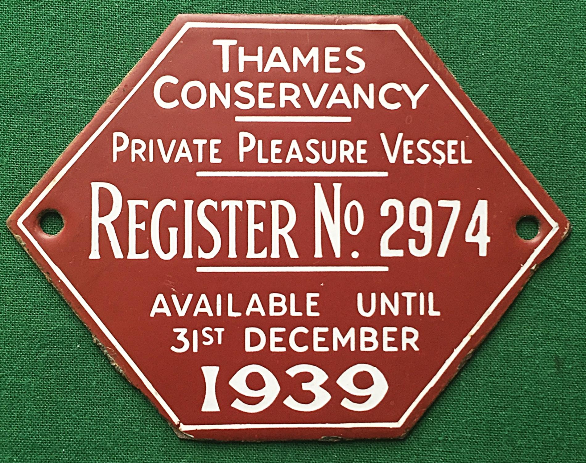Private Pleasure Vessel Licence Plate by River Thames Conservancy ...