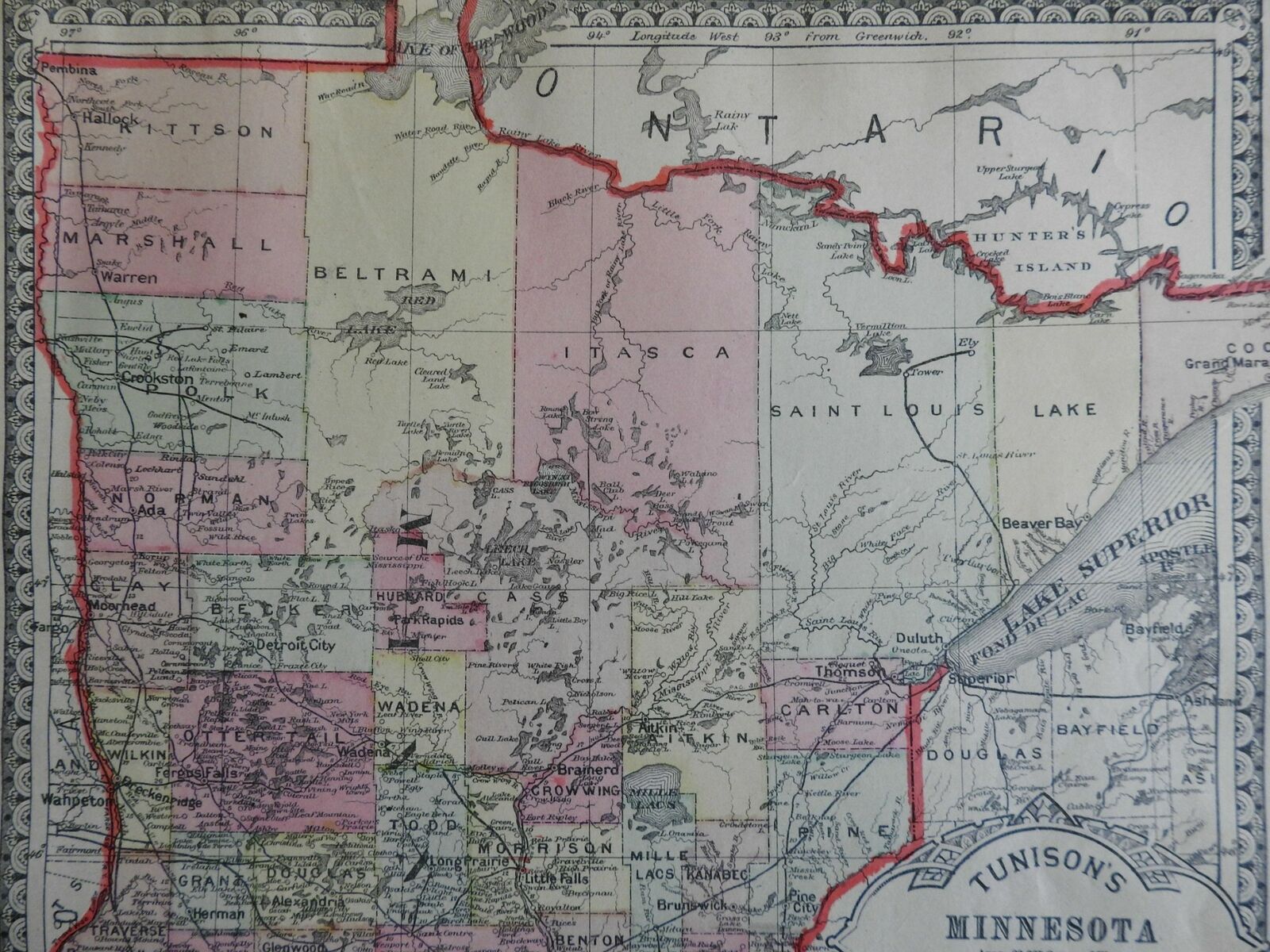 Minnesota Lake Superior Mississippi River Twin Cities 1893 Tunison map ...
