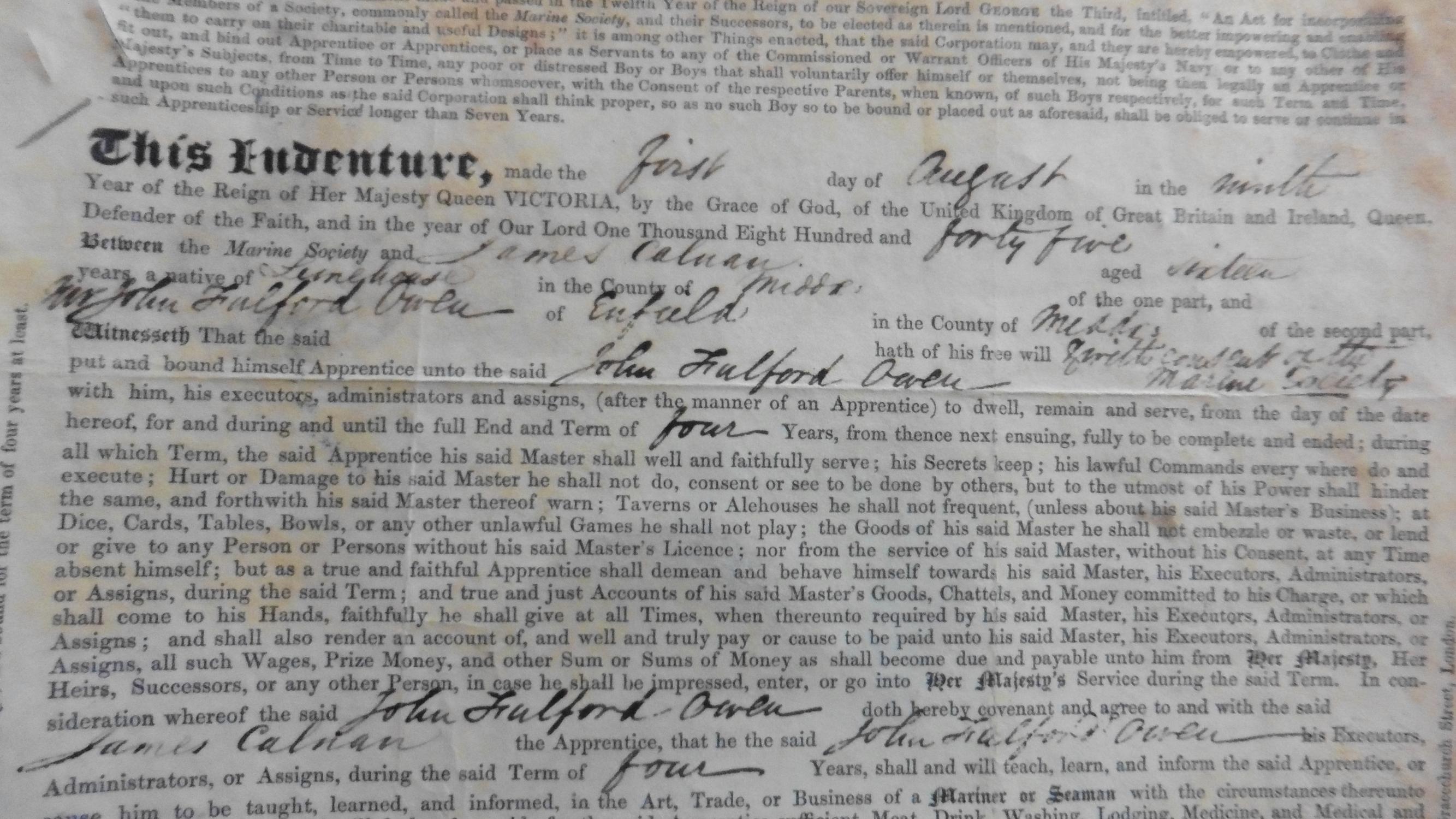 BETWEEN JAMES CALNAN OF LIMEHOUSE MIDDLESEX, TO CAPTAIN JOHN FULFORD ...