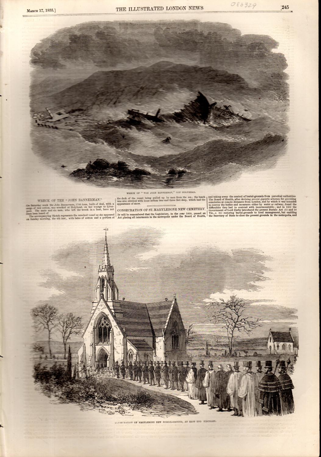 ENGRAVING: "Wreck of the John Bannerman, & Consecration of St ...