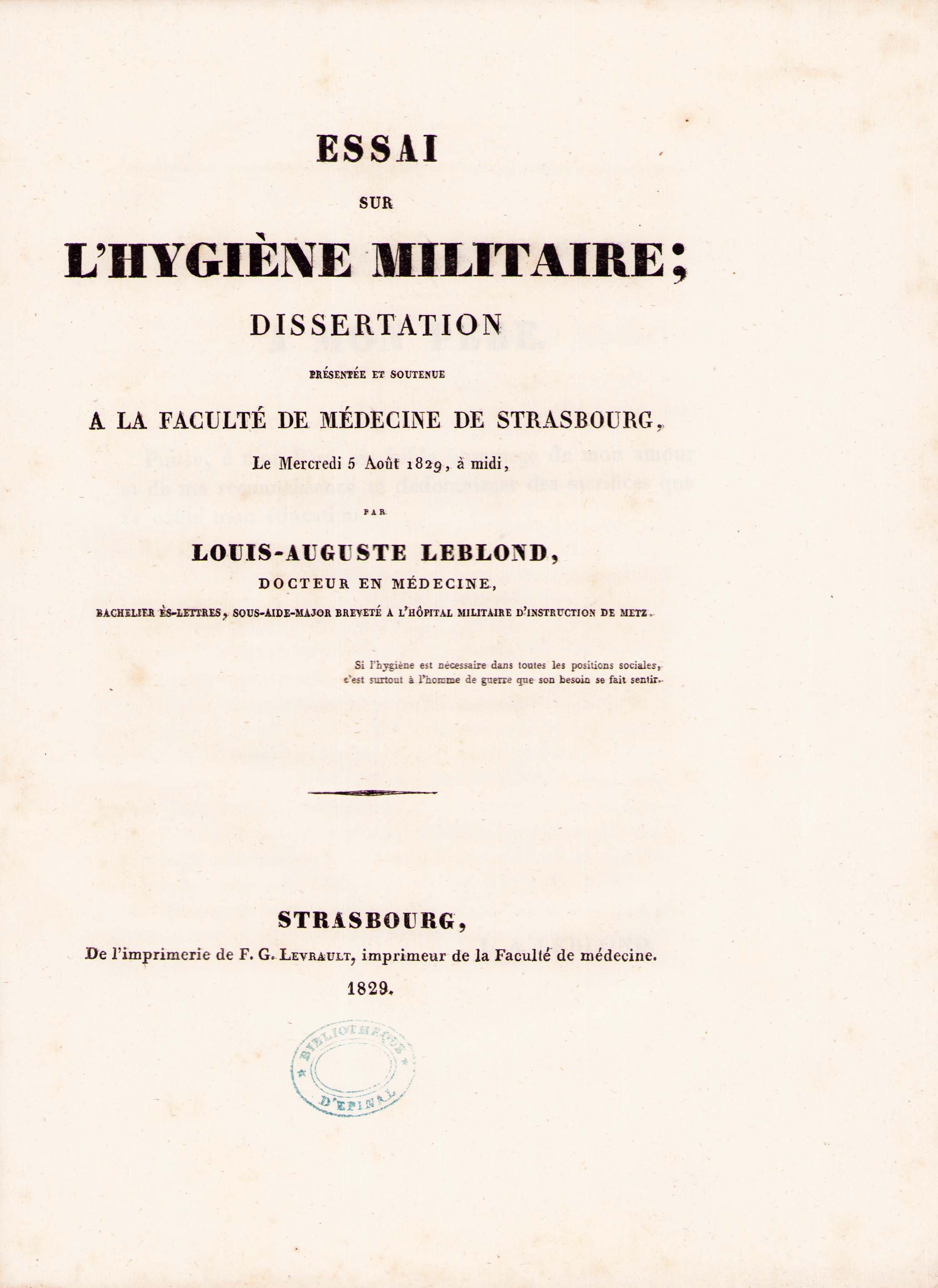 Essai sur l'hygiène militaire. by [MÉDECINE MILITAIRE] - LEBLOND (Louis ...