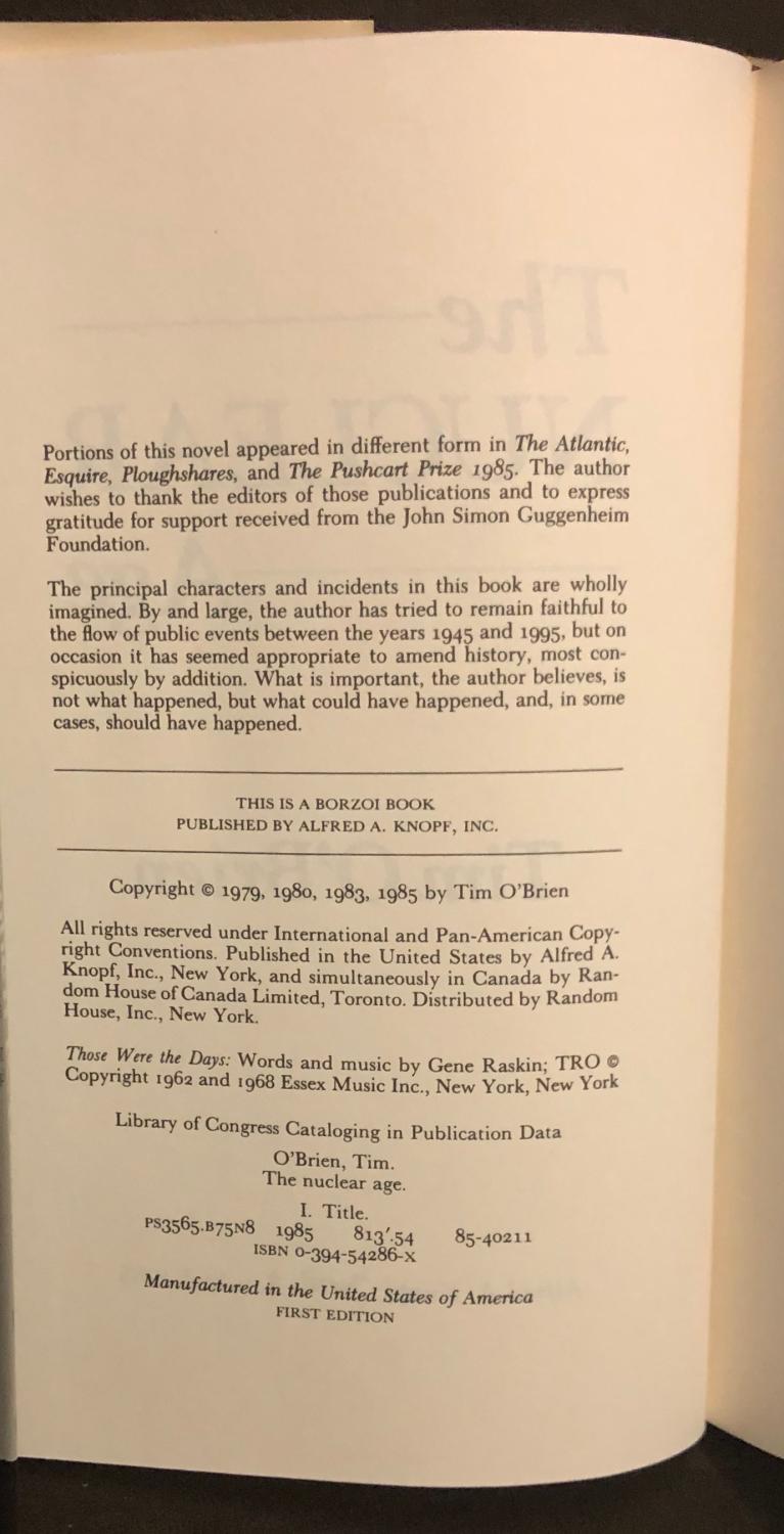 The Nuclear Age by O'Brien, Tim: Fine Hardcover (1985) 1st Edition ...