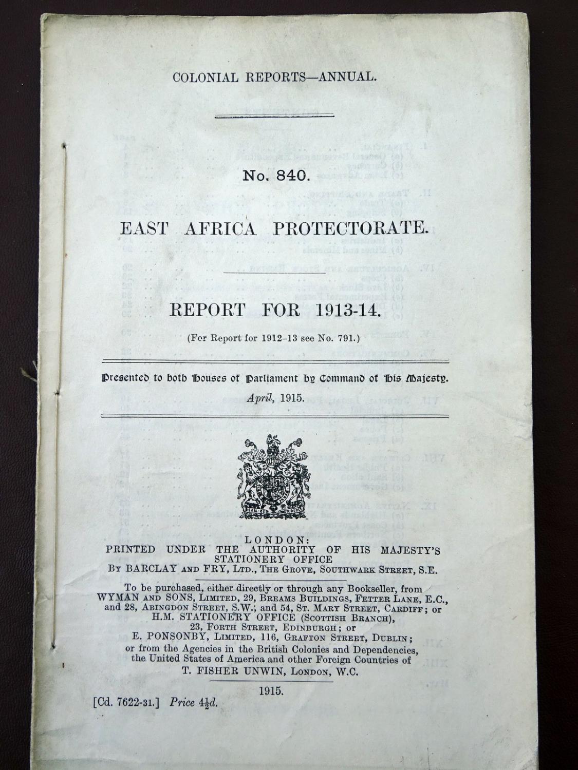 Colonial Reports Annual. No 840. East Africa Protectorate. Report for ...