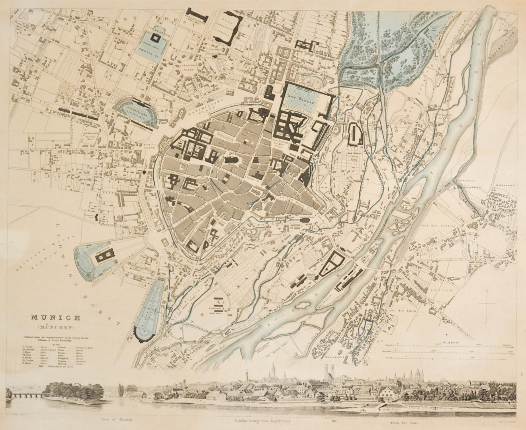 MÜNCHEN. - Plan. "Munich". Stadtplan, darunter Gesamtansicht von Osten ...