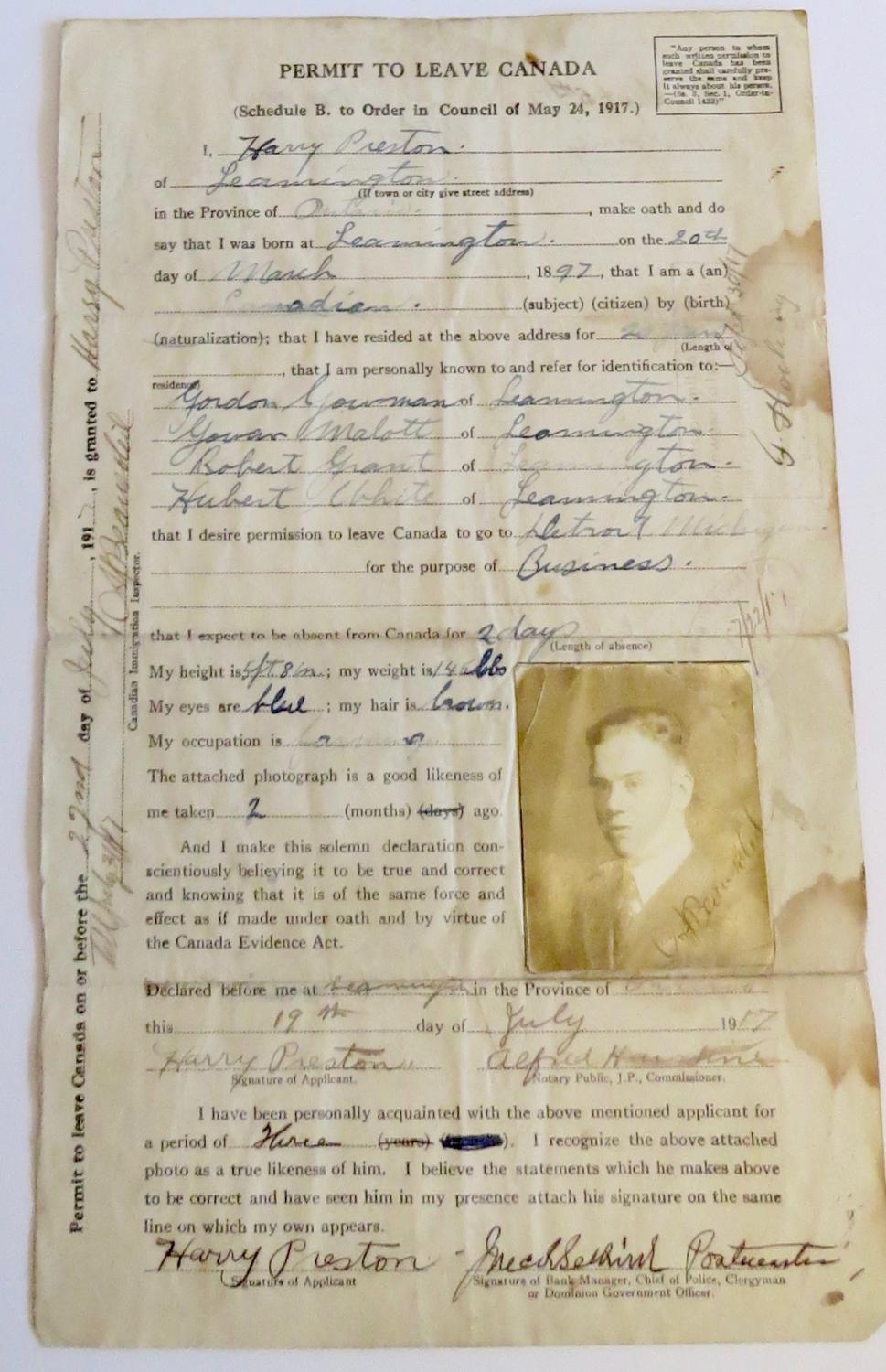 PERMIT TO LEAVE CANADA by Dominion of Canada: (1917) Manuscript / Paper ...