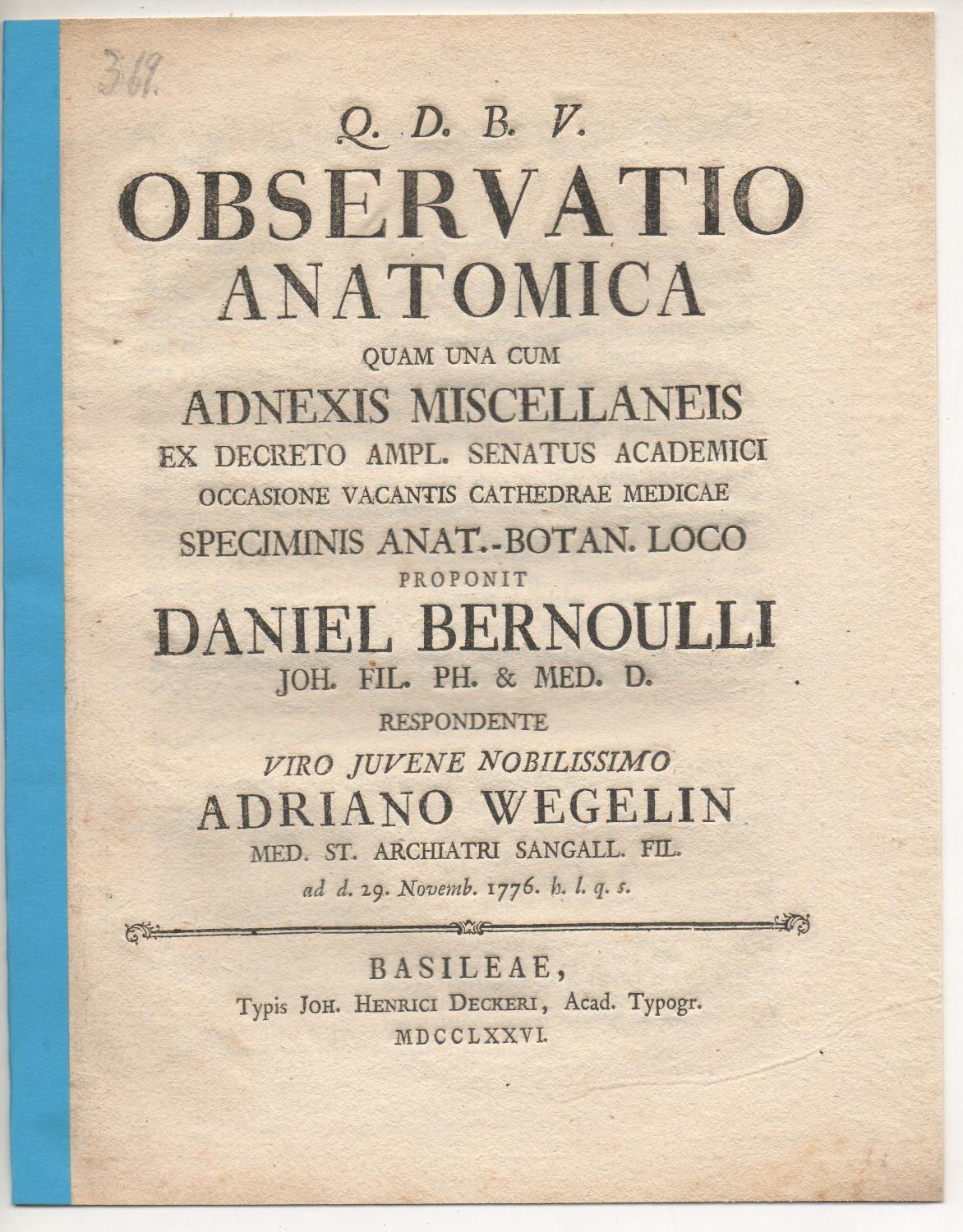 Medizinische Dissertation. Observatio anatomica. par Wegelin, Adrian ...