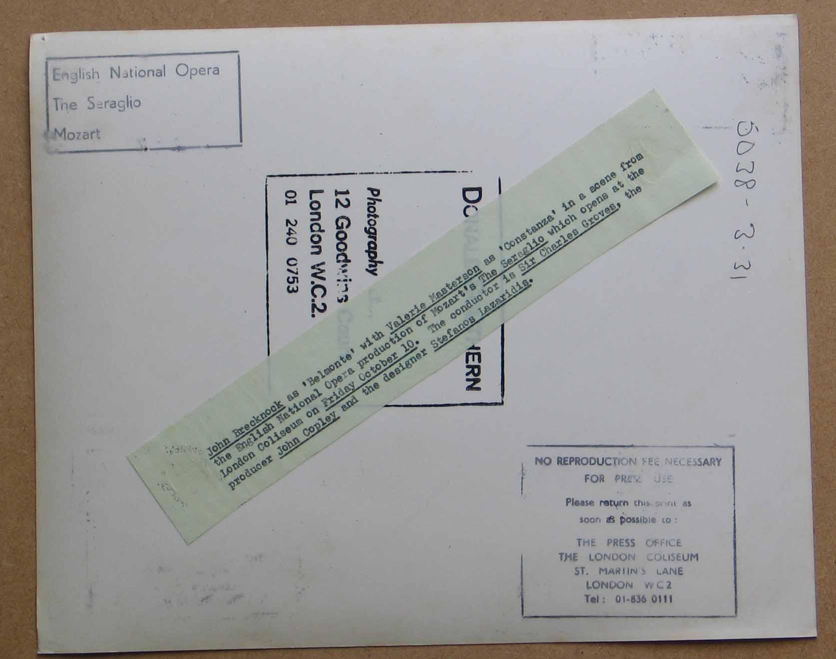 John Brecknock & Valerie Masterson in The Seraglio Photograph. 1975 ...