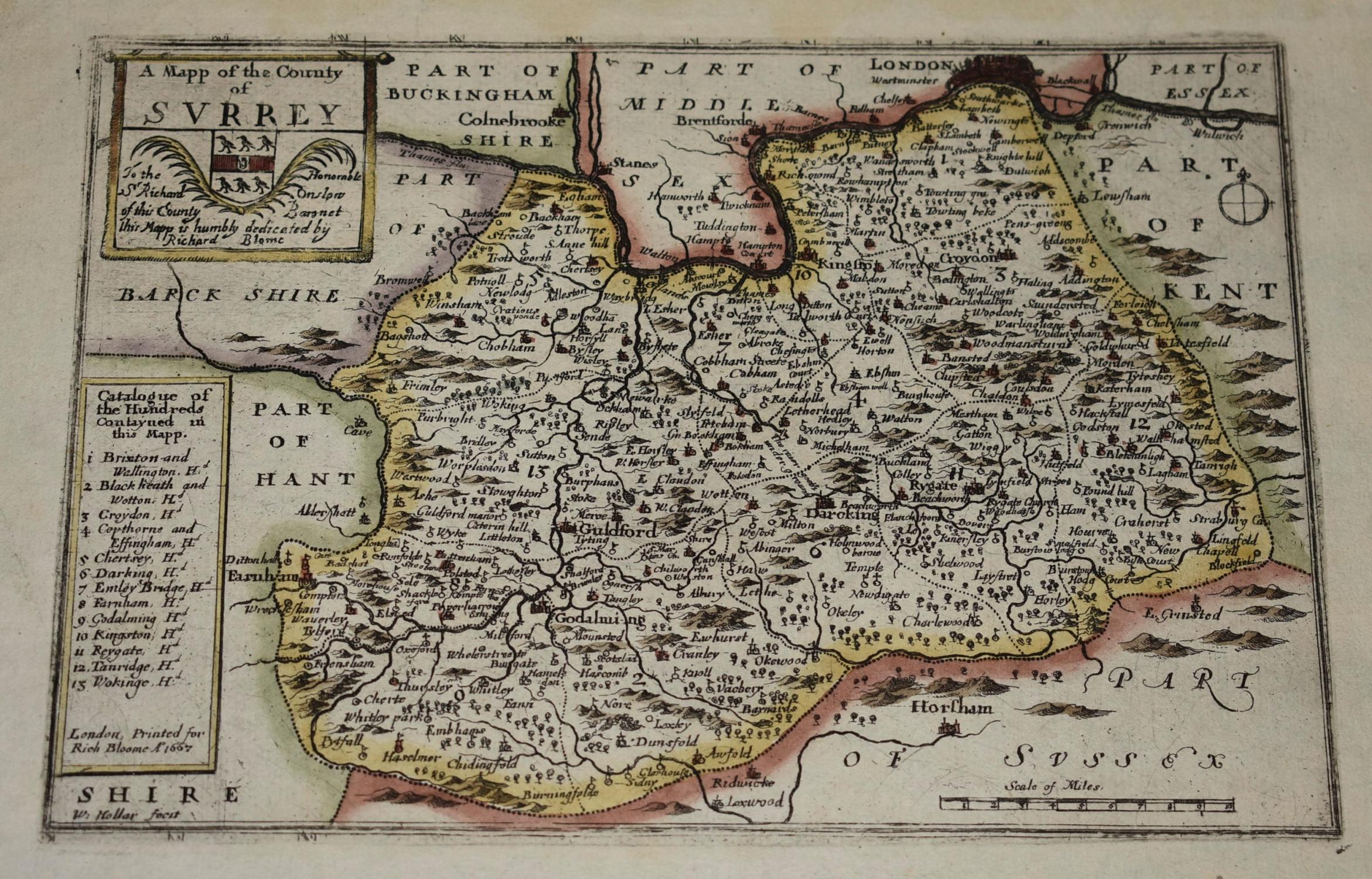 Map of Surrey with Hundreds. Coat of arms and dedication to Hon. Sir ...