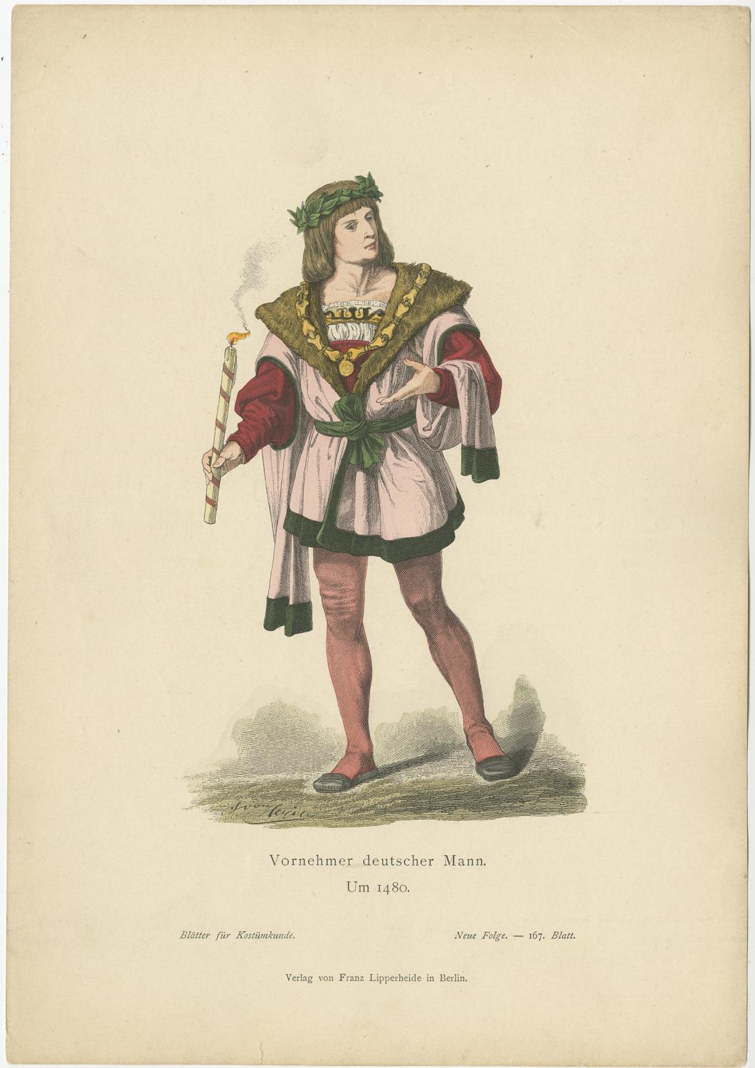 Antique Costume Print of a German Noble Man by Lipperheide (c.1880 ...