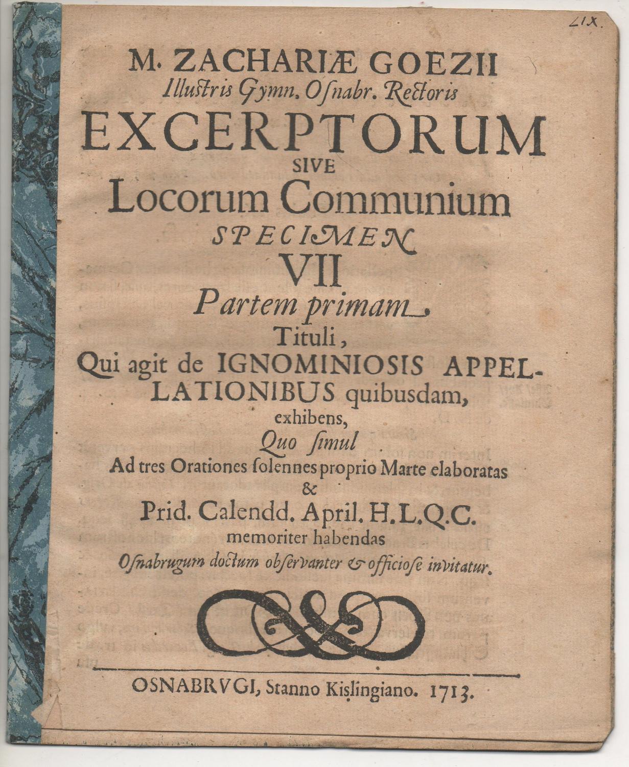 Excerptorum Sive Locorum Communium Specimen VII + VIII (partem primam ...