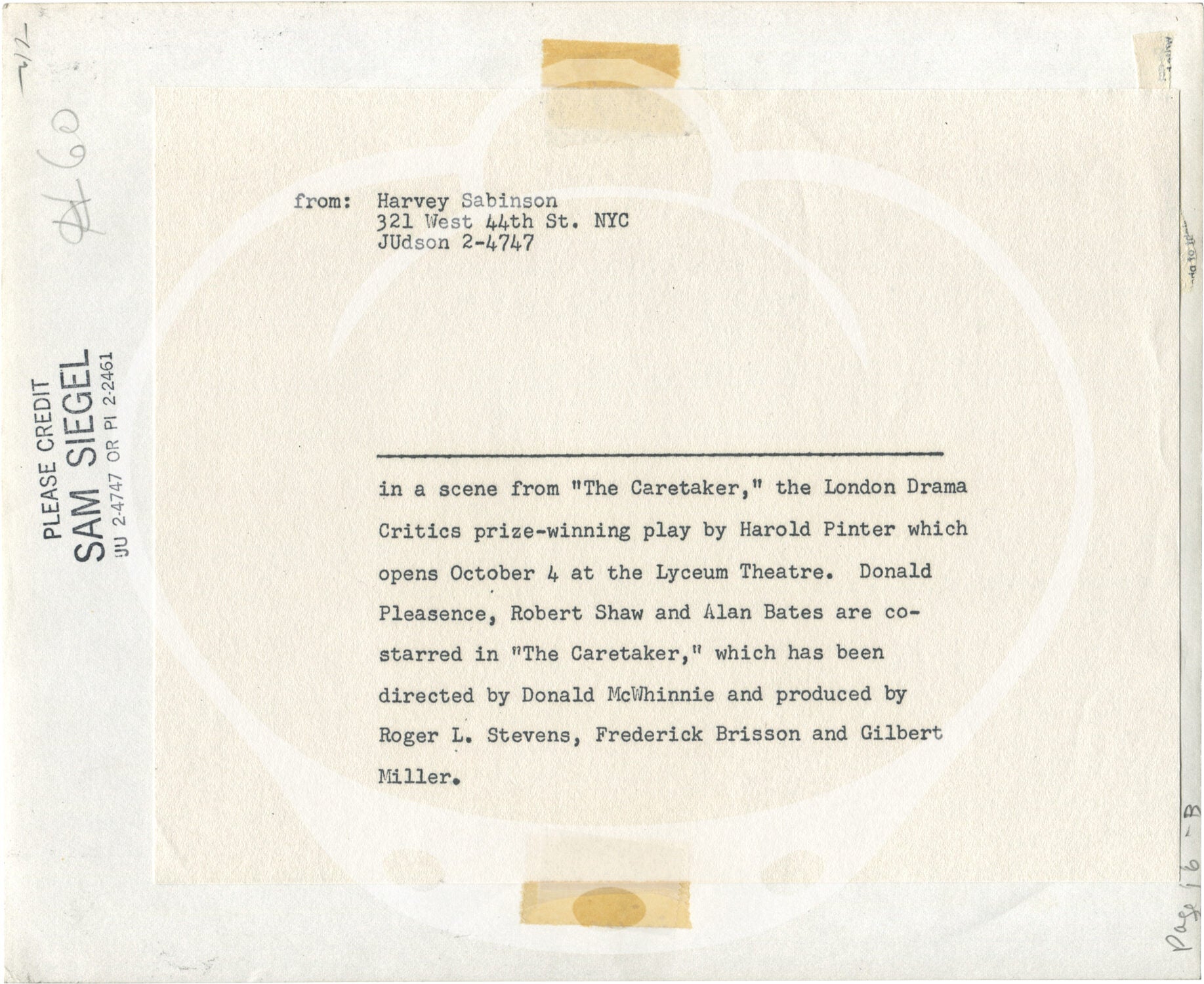 The Caretaker (Five original photographs from the 1961 play) von Harold ...