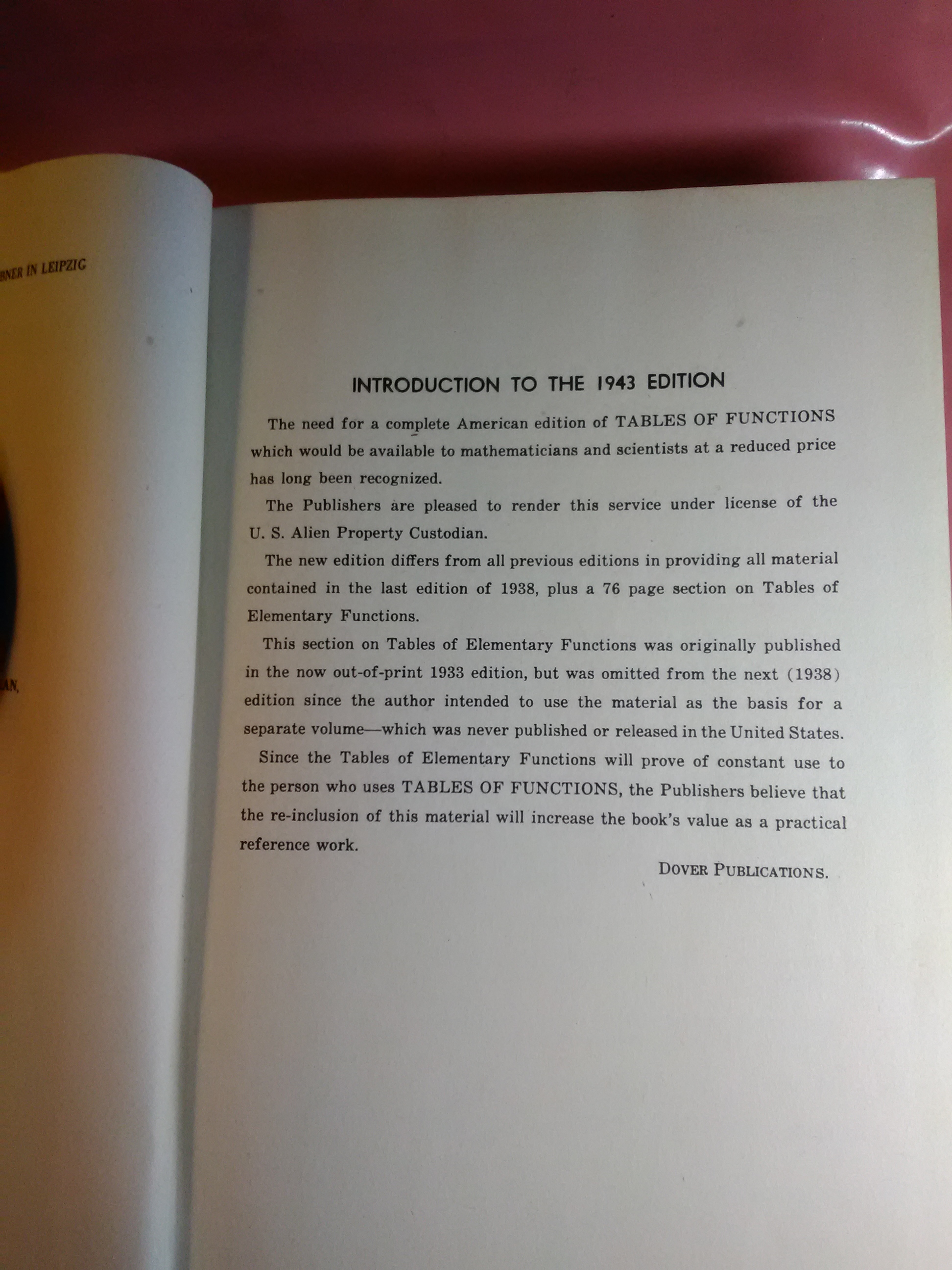 Tables of Fuctions with Formulae & Curves by Jahnke, Eugine and Emde ...