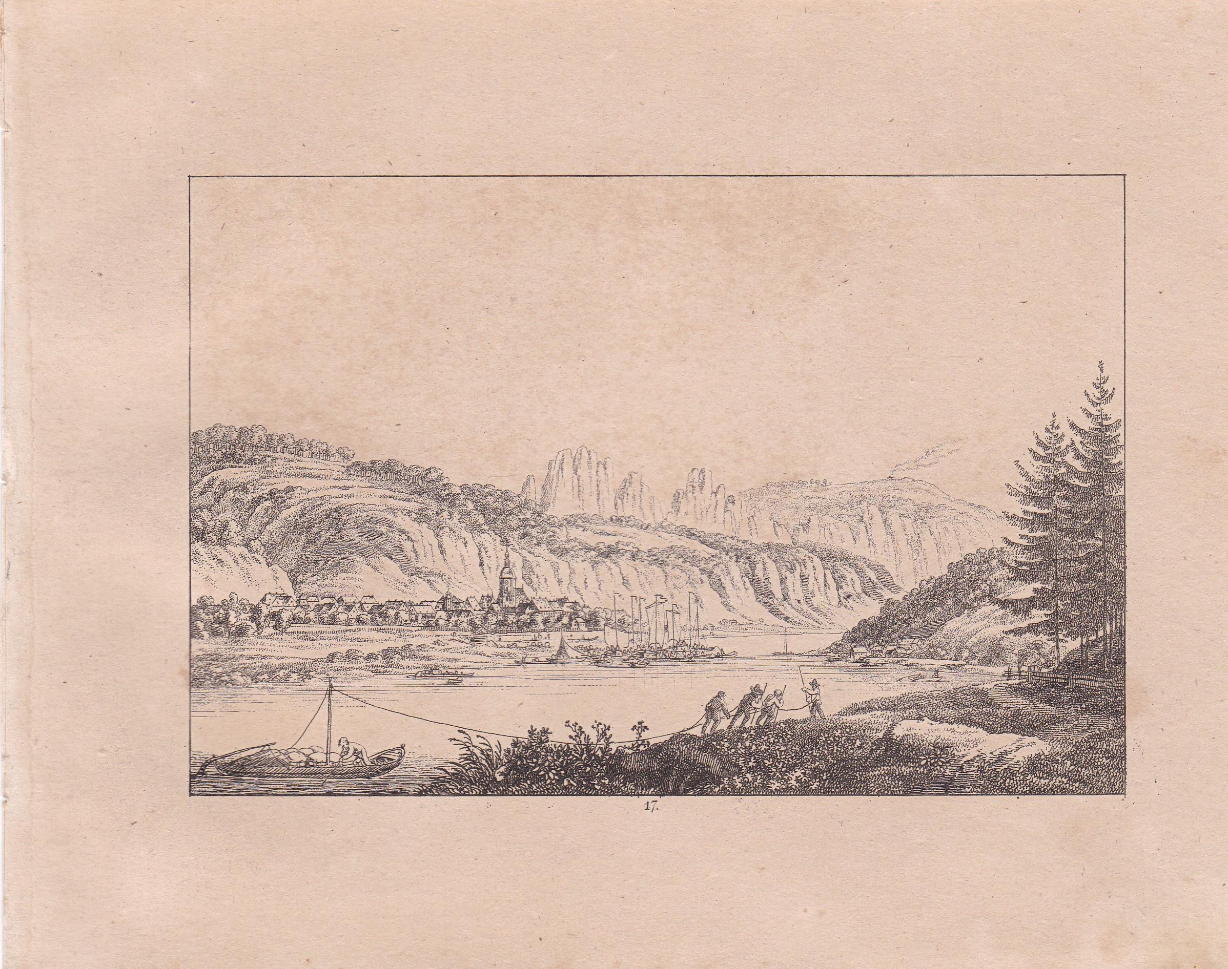 Original Radierung / Strichätzung, Schandau und Krippen, in der Ferne ...