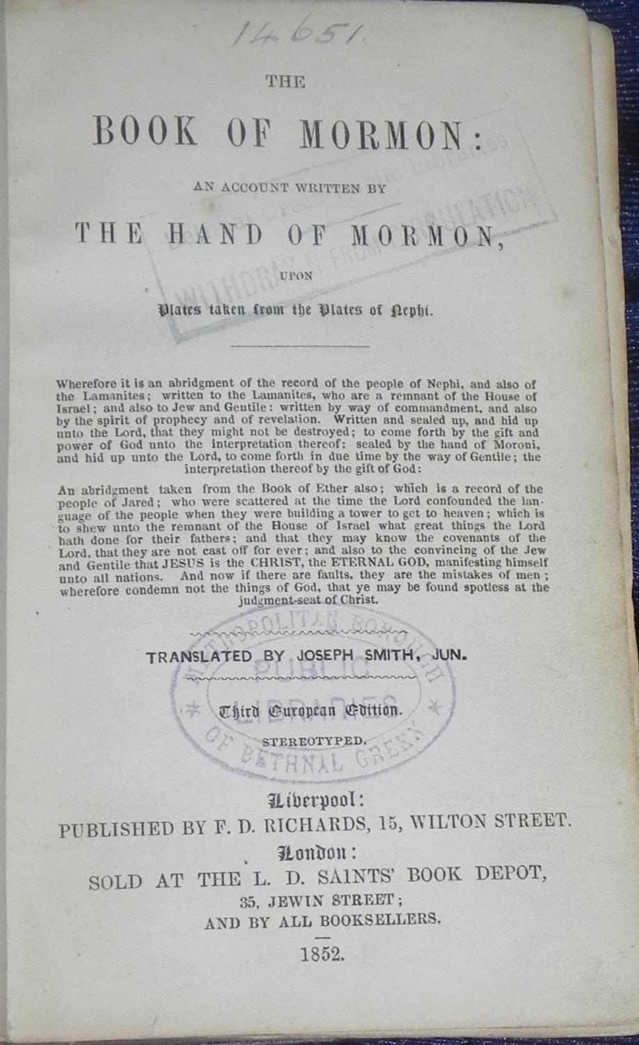 Book of Mormon 1852 F.D. Richards Joseph Smith Third Liverpool Edition ...