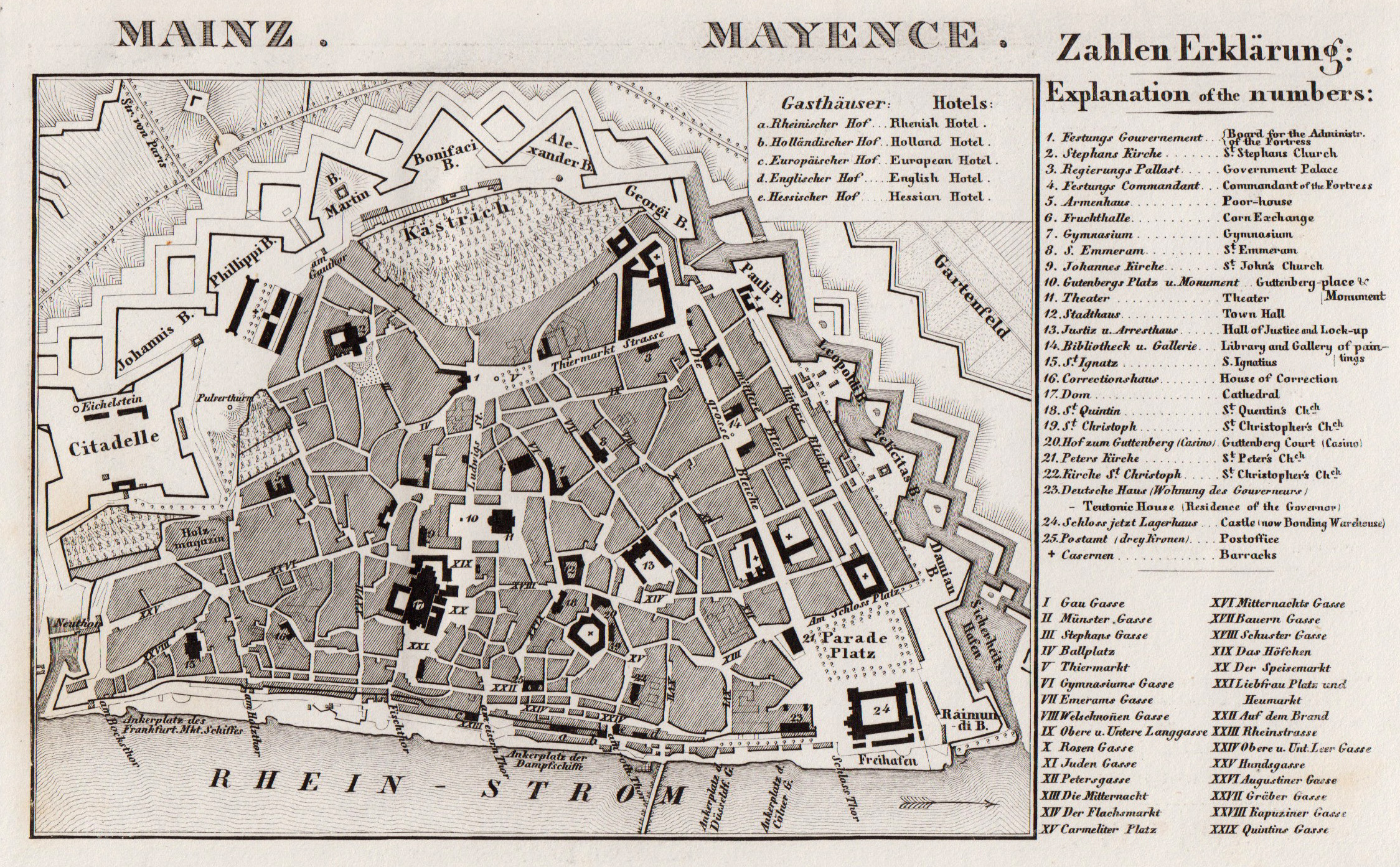 Stadtplan mit den wichtigsten Gebäuden u. nahe Umgebung, "Mainz ...