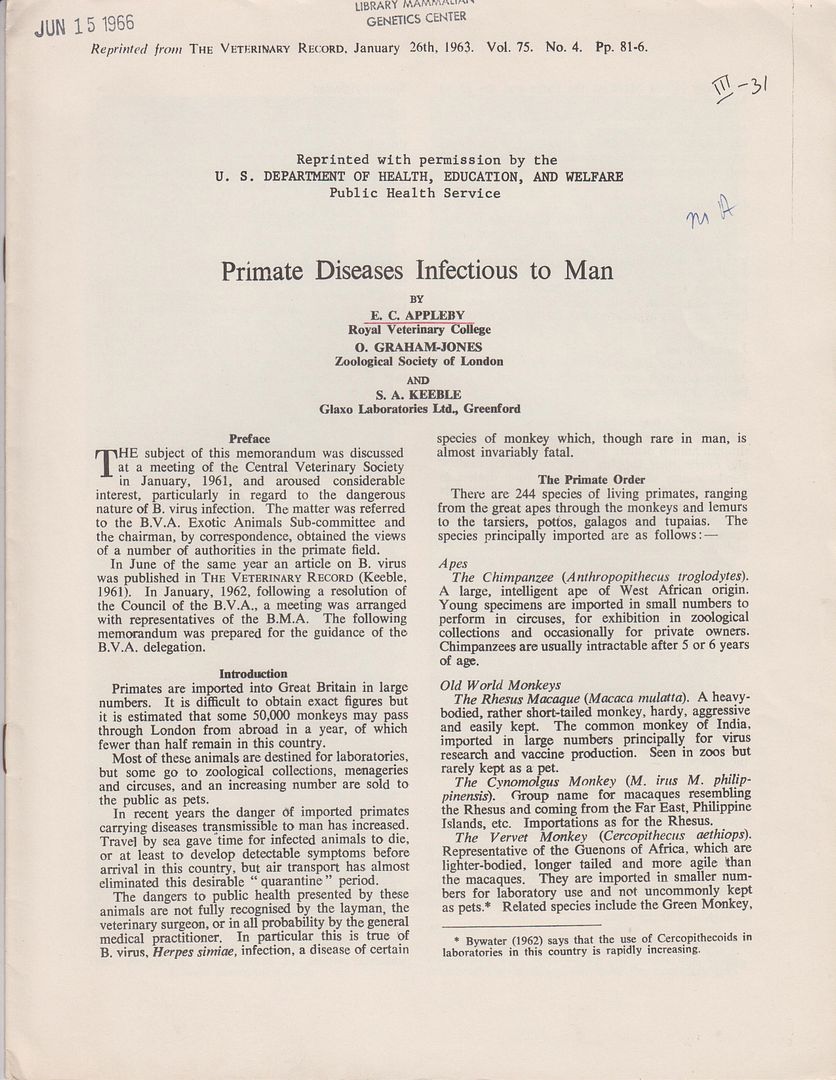 Primate Diseases Infectious to Man by Appleby, E. C., Graham- Jones, O ...