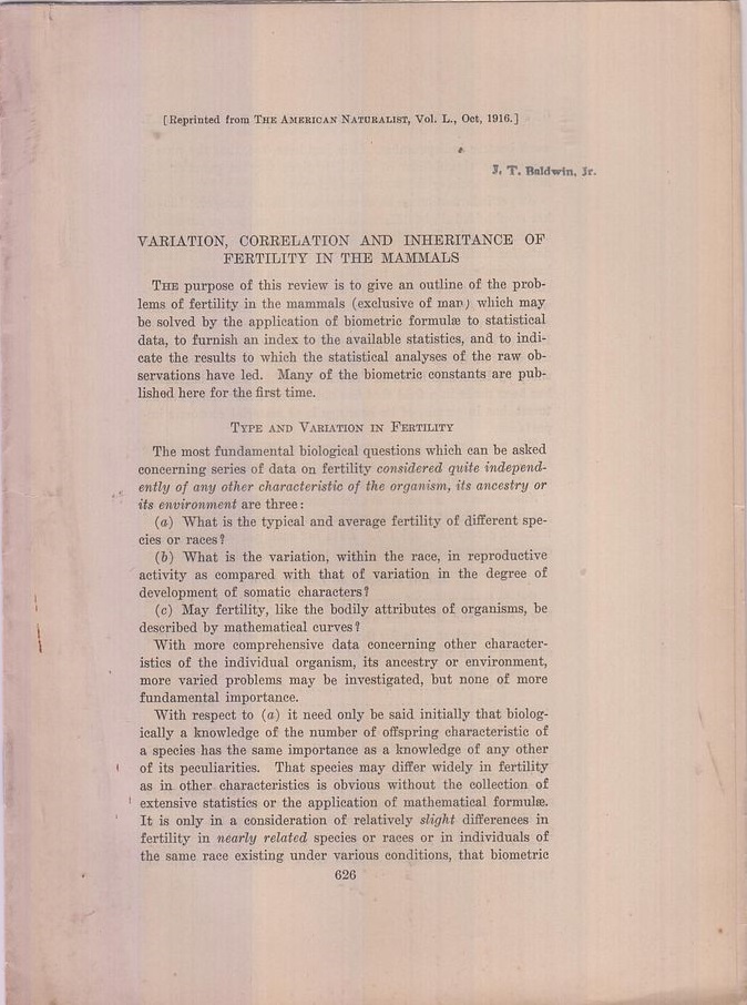 Variation, Correlation and Inheritance of Fertility in the Mammals by ...
