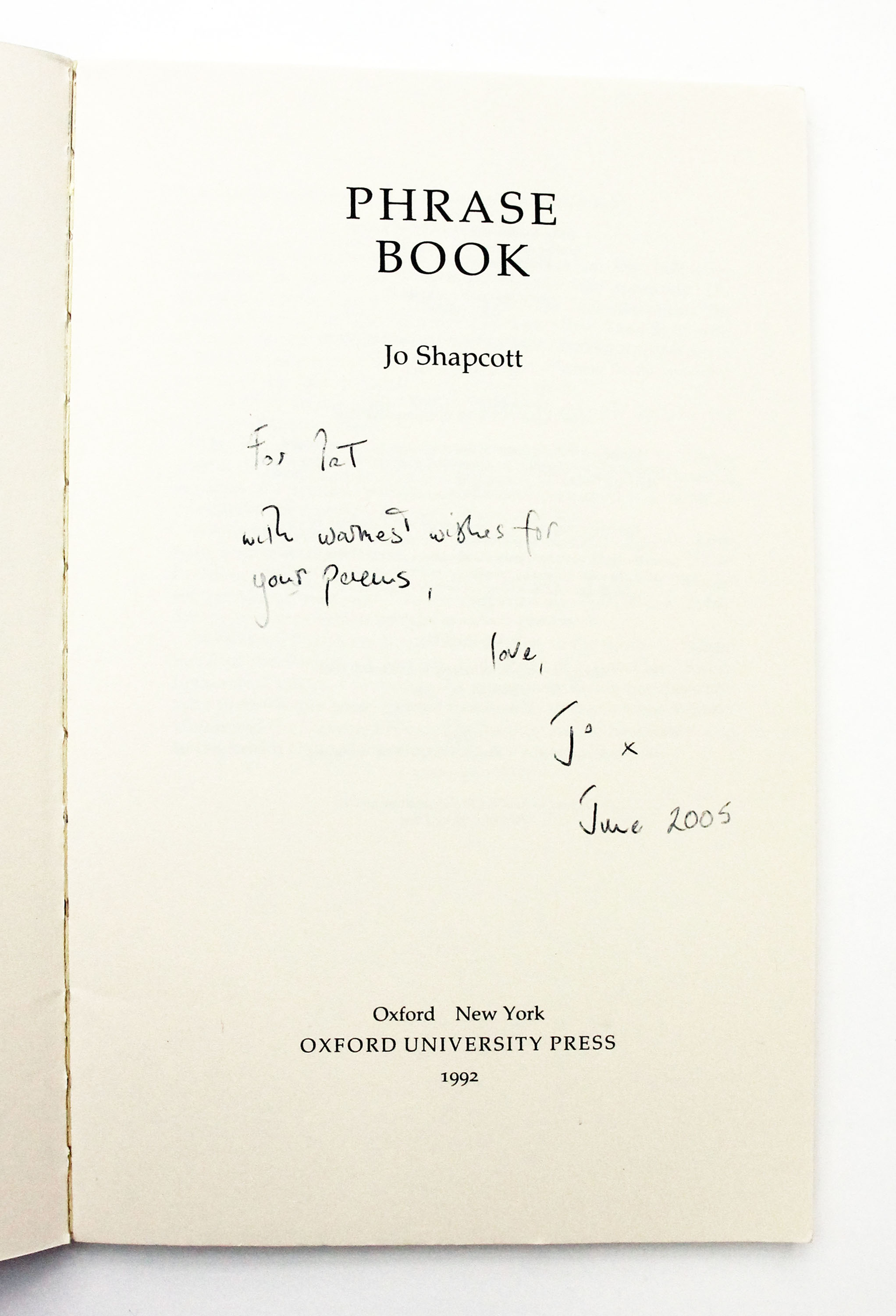 PHRASE BOOK by SHAPCOTT, Jo: (1992) | LUCIUS BOOKS (ABA, ILAB, PBFA)
