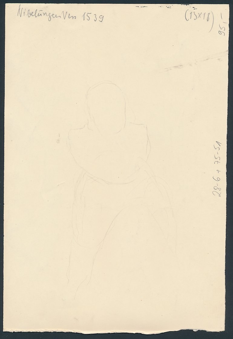 Handzeichnung / Ansichtskarten-Entwurf Szene der Nibelungen-Saga Vers ...