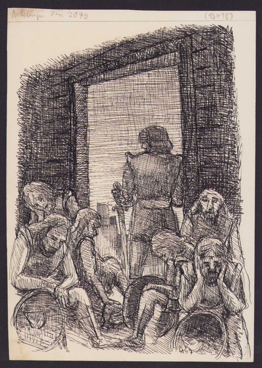 Handzeichnung / Ansichtskarten-Entwurf Szene der Nibelungen-Saga Vers ...