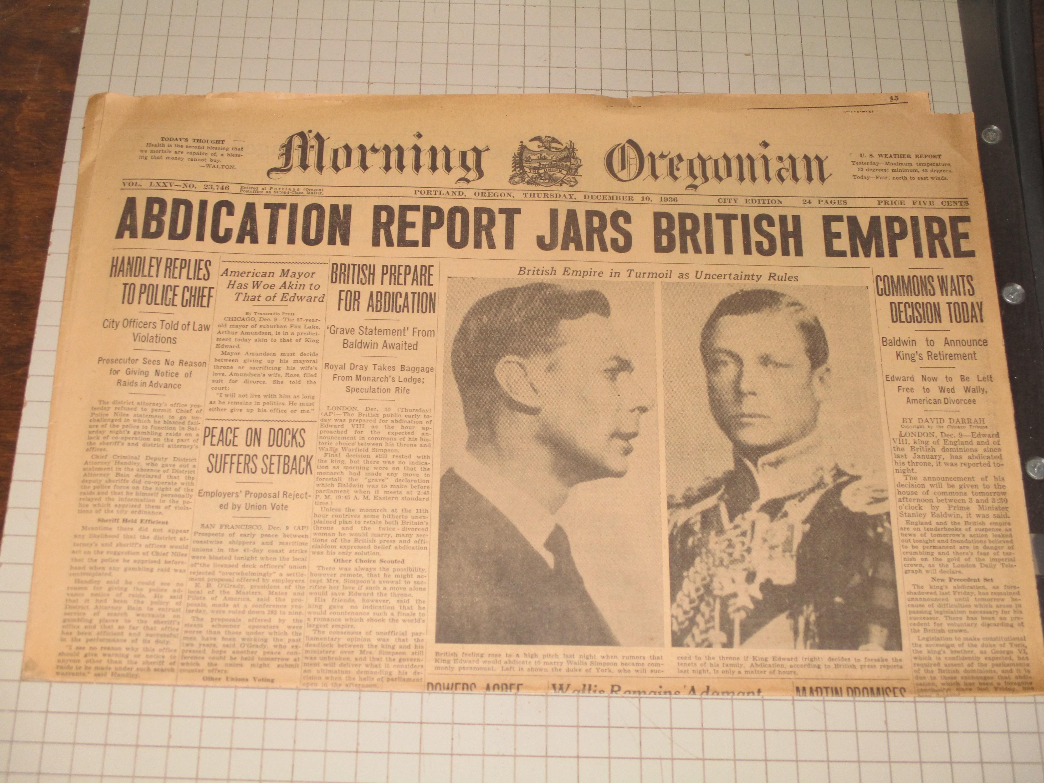 Dec.10,1936 Morning Oregon Newspaper: Abdication Report Jars British ...