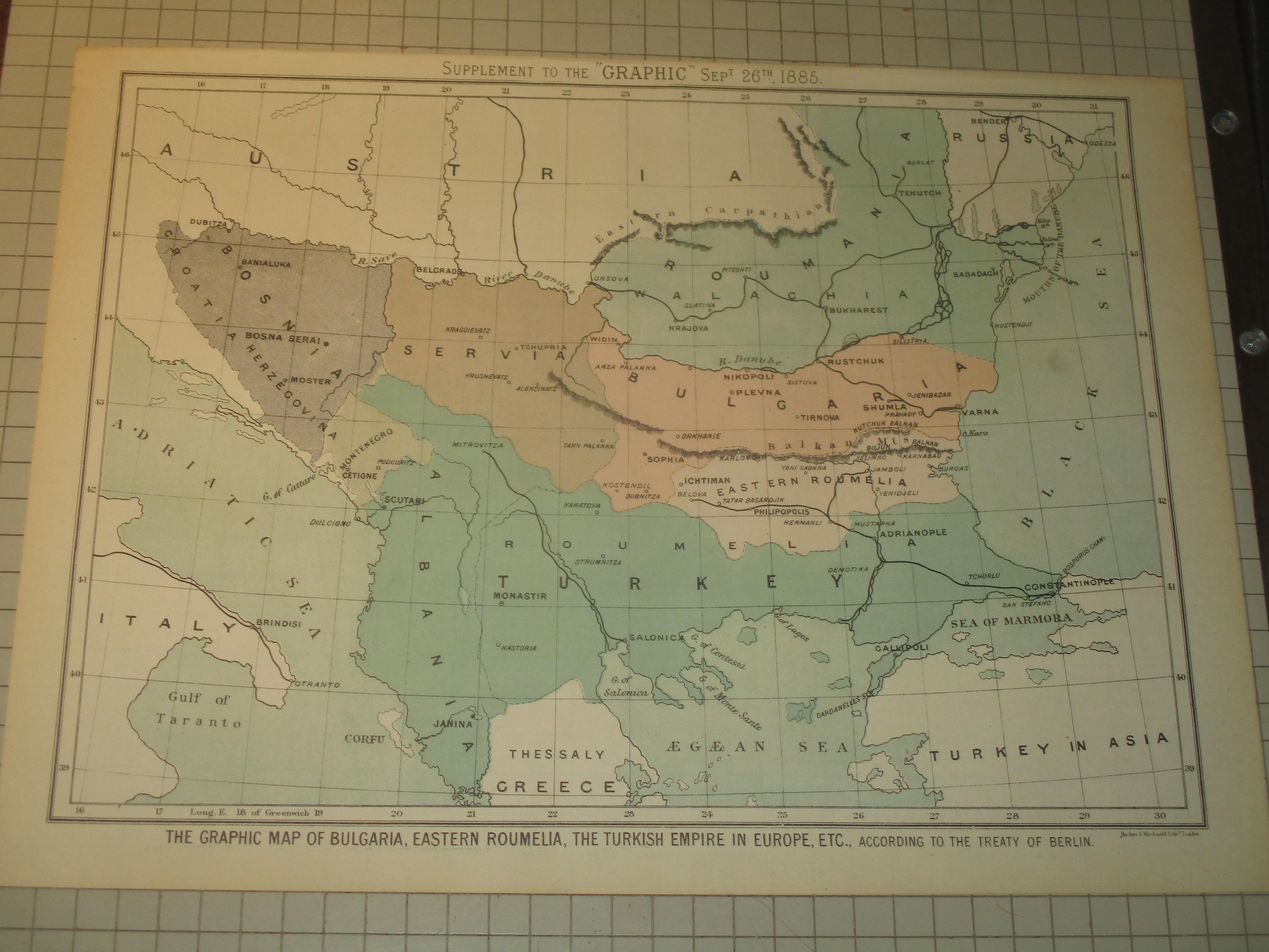 1885 The Graphic Map of Bulgaria, Eastern Roumelia, The Turkish Empire ...
