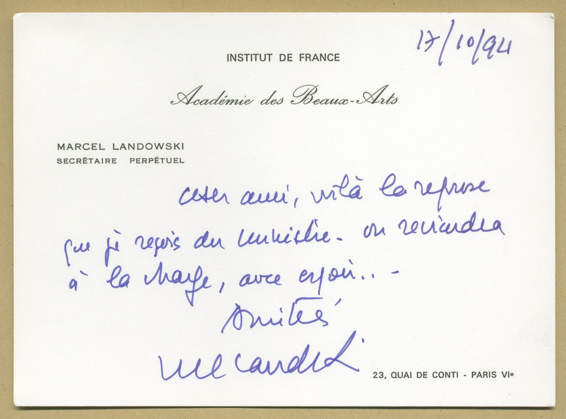 Marcel Landowski (1915-1999) - Carte autographe signée - 1994 de Marcel ...