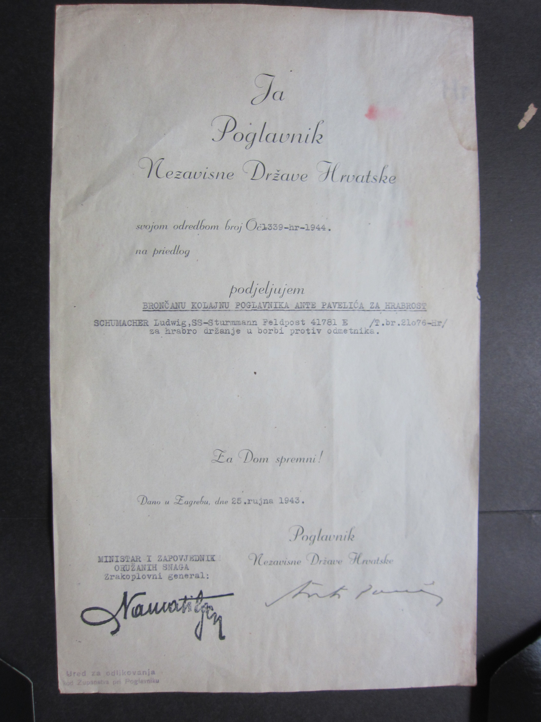 Ante Pavelic hand signed documents 1945 WWII: (1945) 1st Edition ...