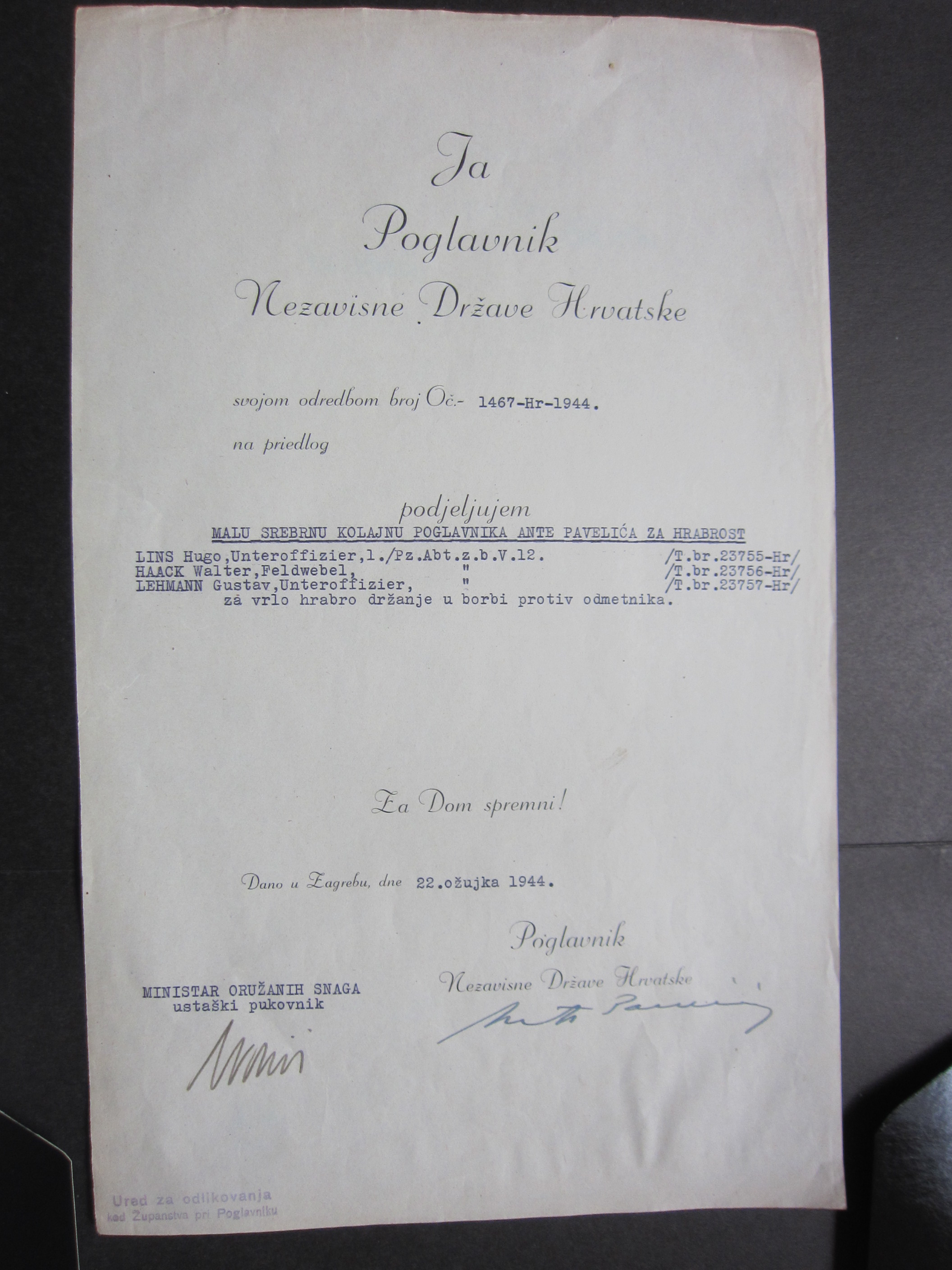 Ante Pavelic hand signed documents 1945 WWII: (1945) 1st Edition ...