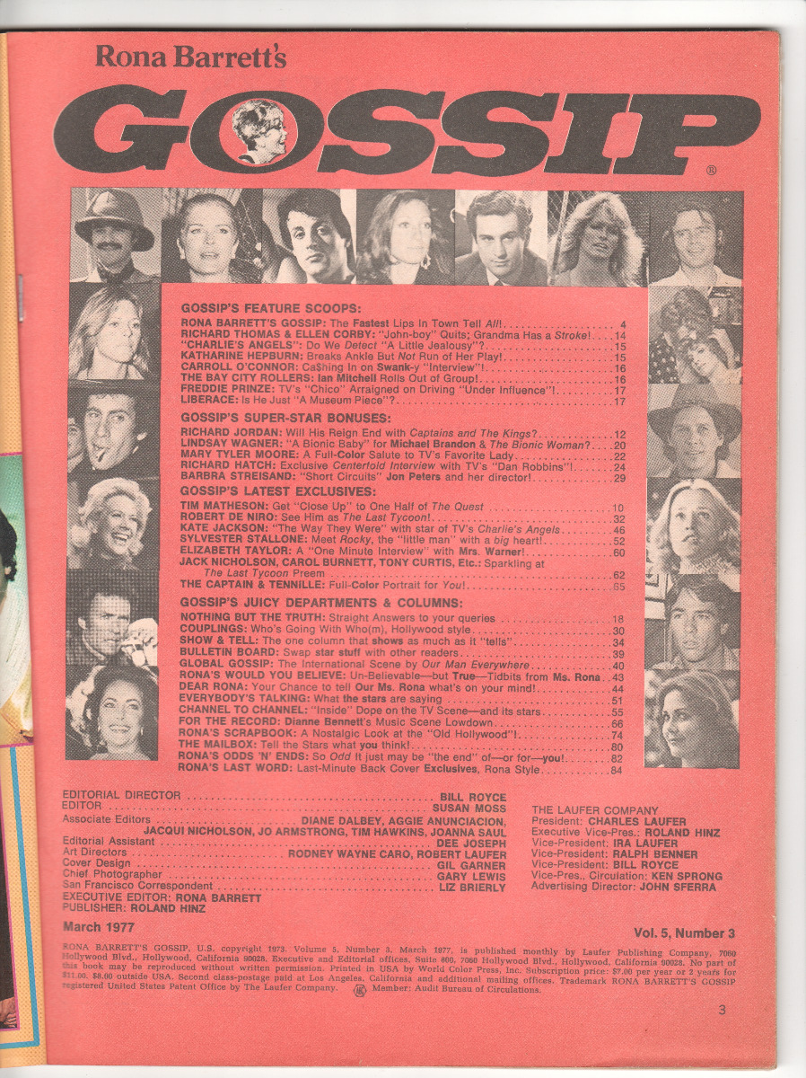 Rona Barrett's Gossip-3/1977-Lindsay Wagner-Sylvester Stallone-Robert ...