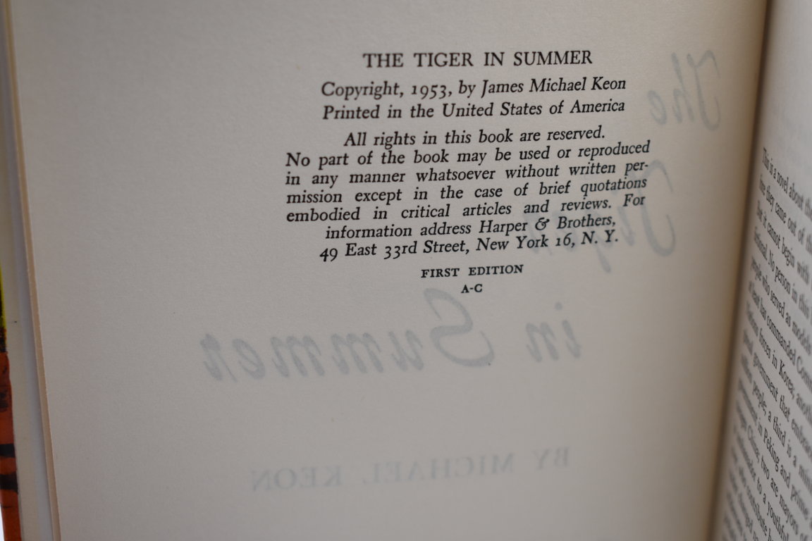 The Tiger in the Summer by Michael Keon: Near Fine Hardcover (1953) 1st ...